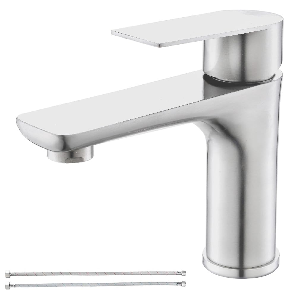 Single Hole Bathroom Faucet, Stainless Steel Bathroom Faucets, Brushed Nickel Commercial Bathroom Sink Faucet,Single Handle Bathroom Sink Faucet with Supply Lines, BF019L