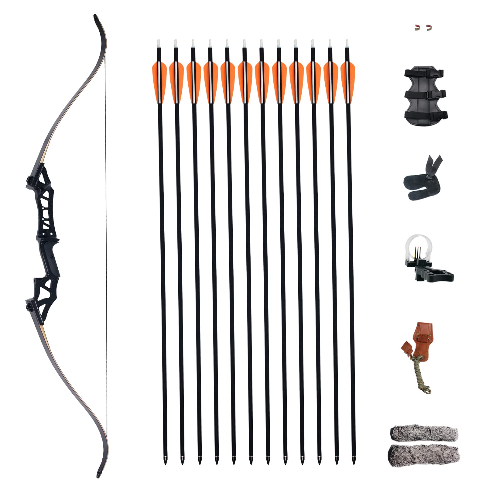 TBOW 60" Takedown Recurve Bow and Arrow Set Metal Riser 30-60Lbs Black/Camo Right Hand for Hunting with 12Pcs Training Carbon Mix Arrows (55Lbs, Camo)