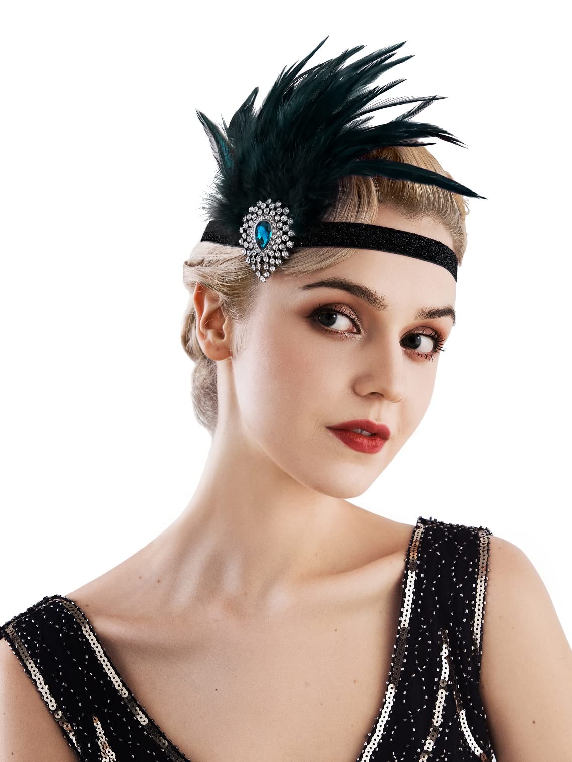SWEETV Flapper Headband 1920s Headpiece Rhinestone Feather Hair Band Great Gatsby Headpiece for Women,Wine Red