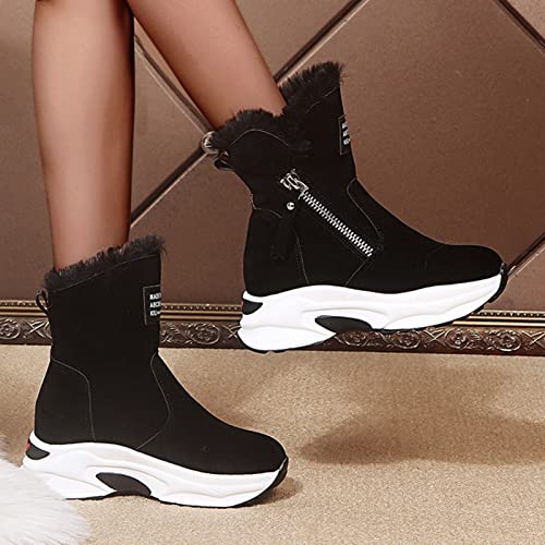 Winter Shoes with Fur Lined Warm Ankle Boots Warm Heel Women's Wedges Shoes Thermal Fuzzy Snow Boots Black