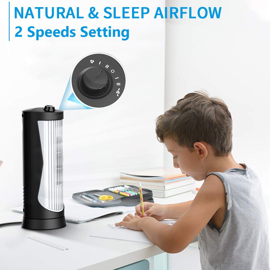 SLENPET Small Tower Fan, Oscillating Quiet Cooling Fan, 13 Inch 2 Speeds, 2 Modes Settings, Portable Rotating Stand Table Fan for Bedroom, Desk, Home and Office