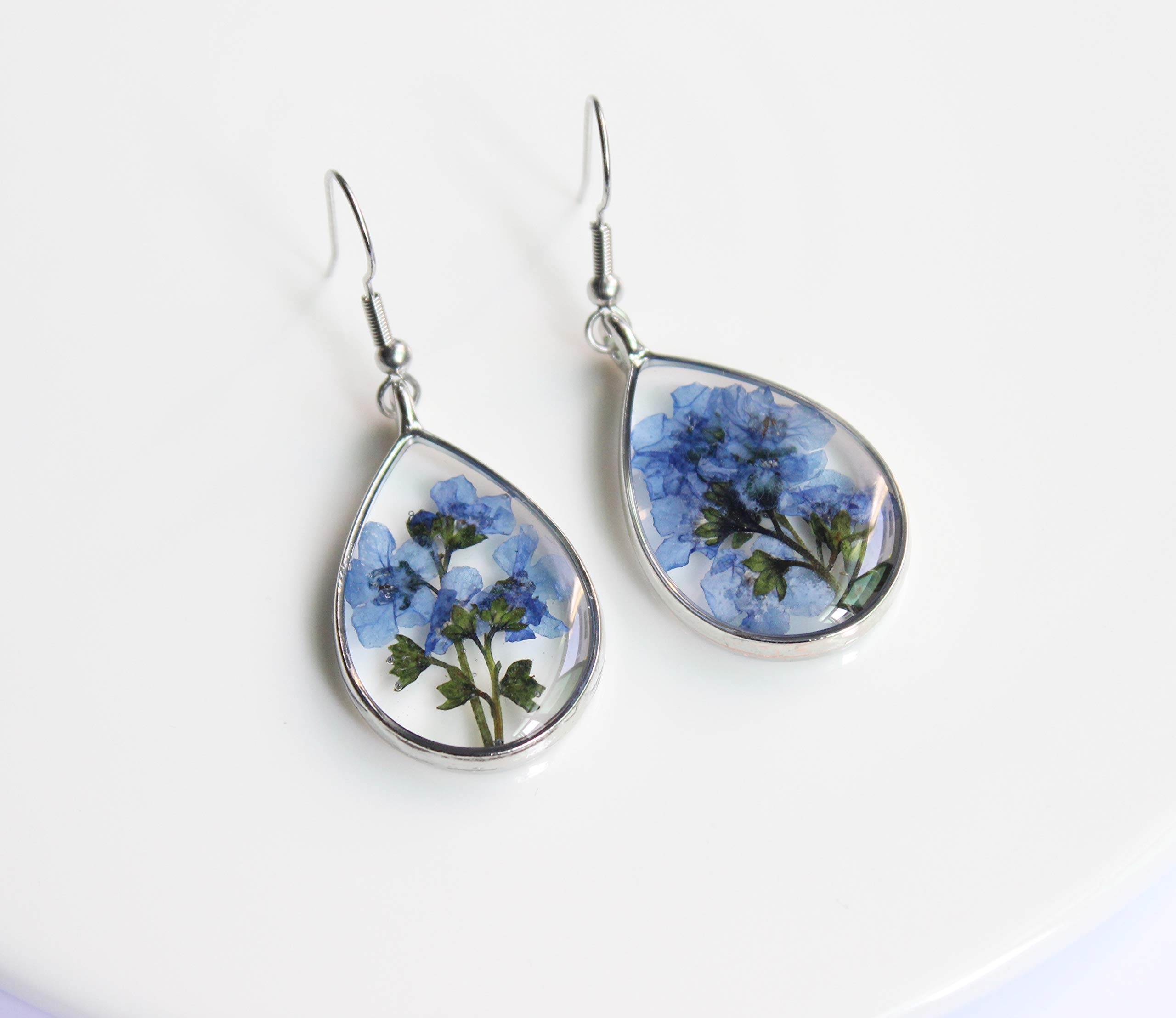 SI EASY Forget me not Flower Earrings, Personalised Real Pressed Dried Flowers Teardrop Earrings, Handmade Jewelry