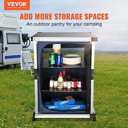 VEVOR Camping Kitchen Table Storage, Outdoor Pop-up Aluminum Portable Folding Cook Station with 3-Tier Organizer, Side Pocket & Carrying Bag, Quick Set-up for BBQ Party Backyard RV Traveling, Blue