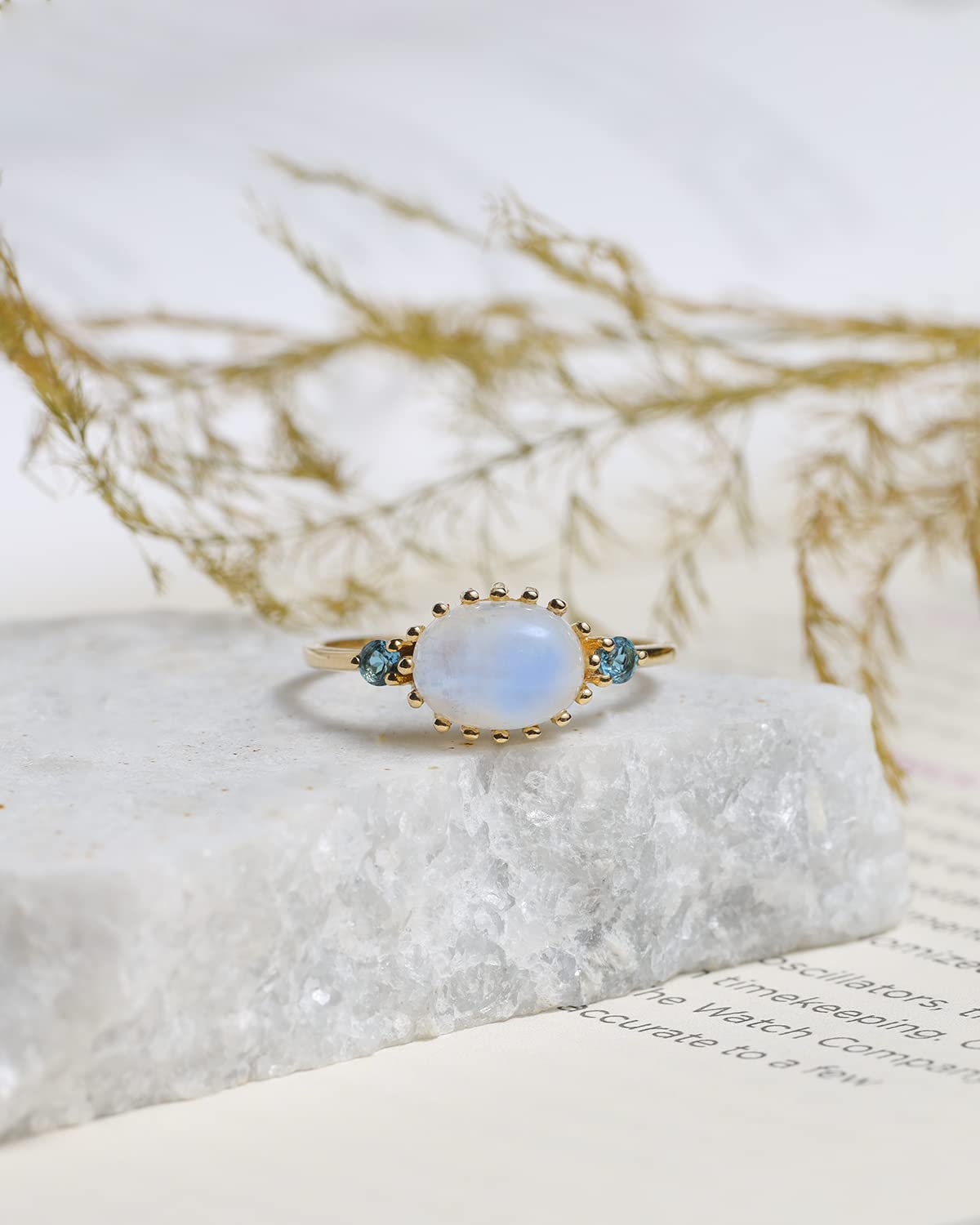 YoTreasure 2.04 Ct. Rainbow Moonstone London Blue Topaz Promise Ring 14K Yellow Gold Jewelry