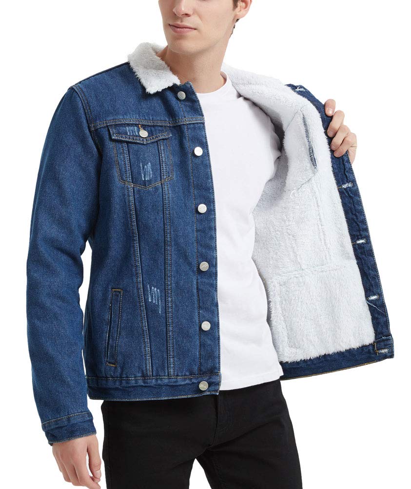 Plaid&Plain Men's Fleece Lined Borg Collar The Sherpa Trucker Jacket Jean Denim Jacket 1347# DarkBlue XL-35