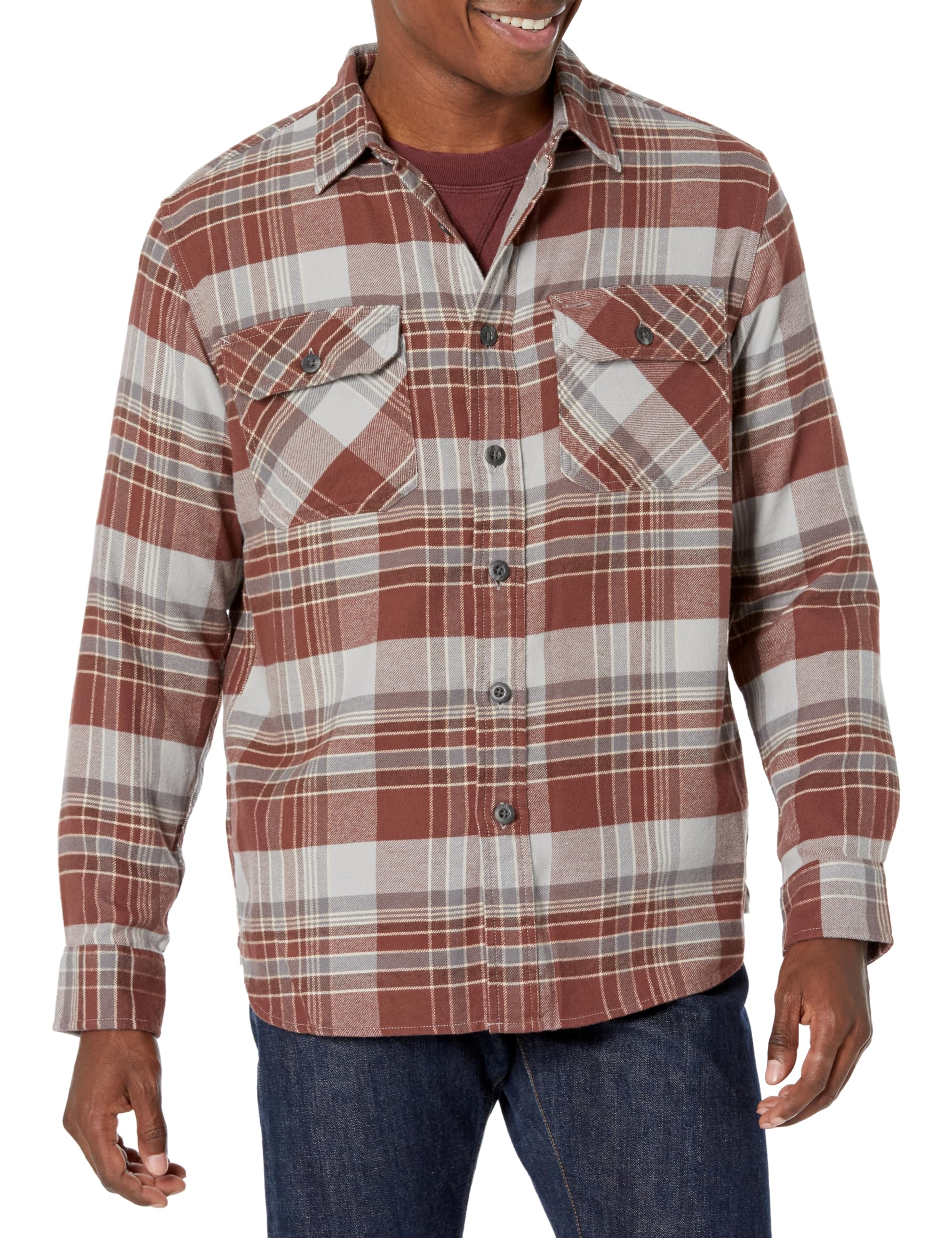 Pendleton Men's Long Sleeve Super Soft Burnside Flannel Shirt, Birch/Grey/Red Plaid, Large