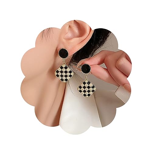 Sttiafay Vintage Black White Checkered Earrings Geometric Square Drop Earrings Square Checkered Earrings Black Disc Stud Earring Jewelry for Women and Girls