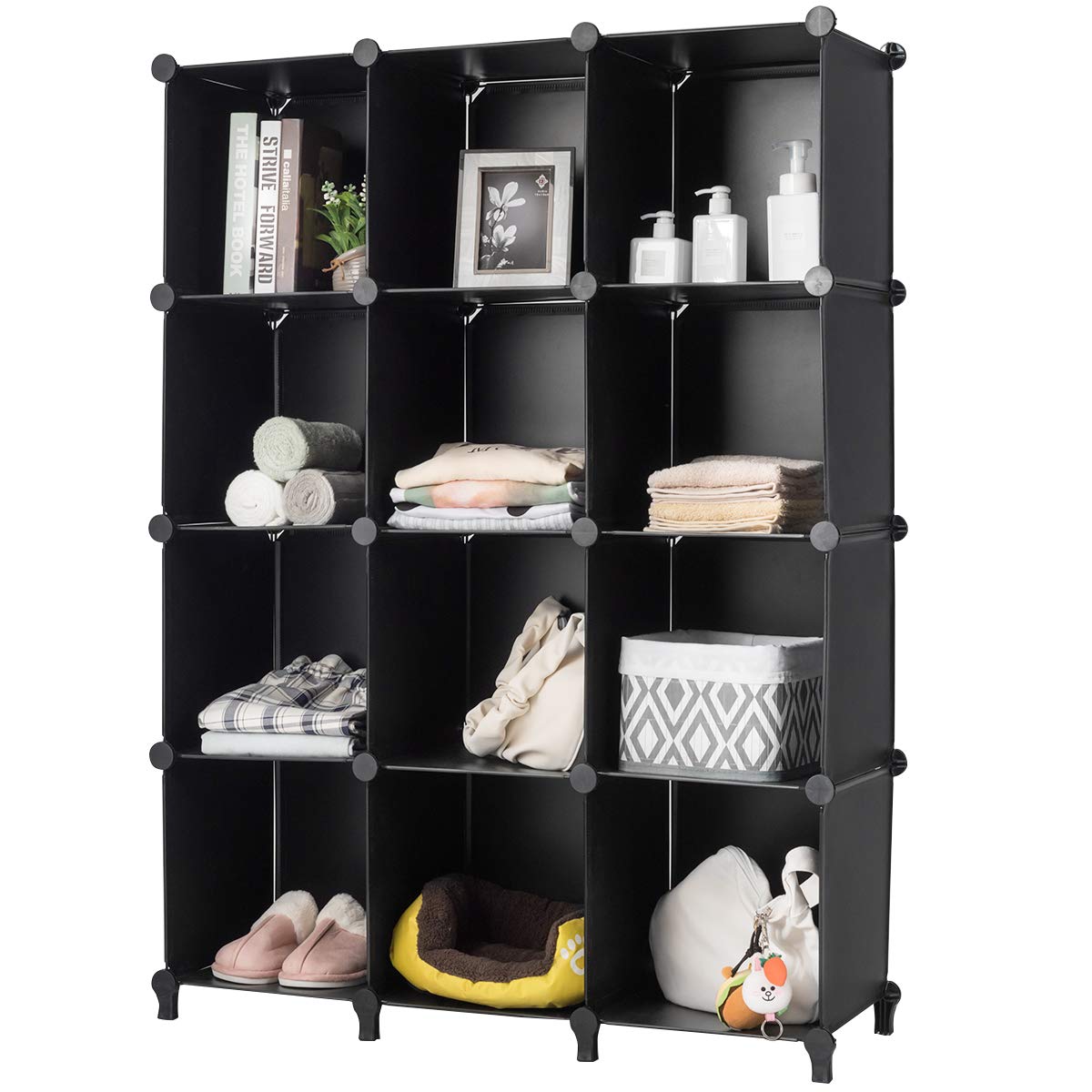 Tangkula 12 Cubes Storage Organizer, DIY Plastic PP Closet Cabinet w/Rustproof Steel Frame, Portable DIY Modular Storage System w/Hammer for Toys, Books, Shoes Indoor Use