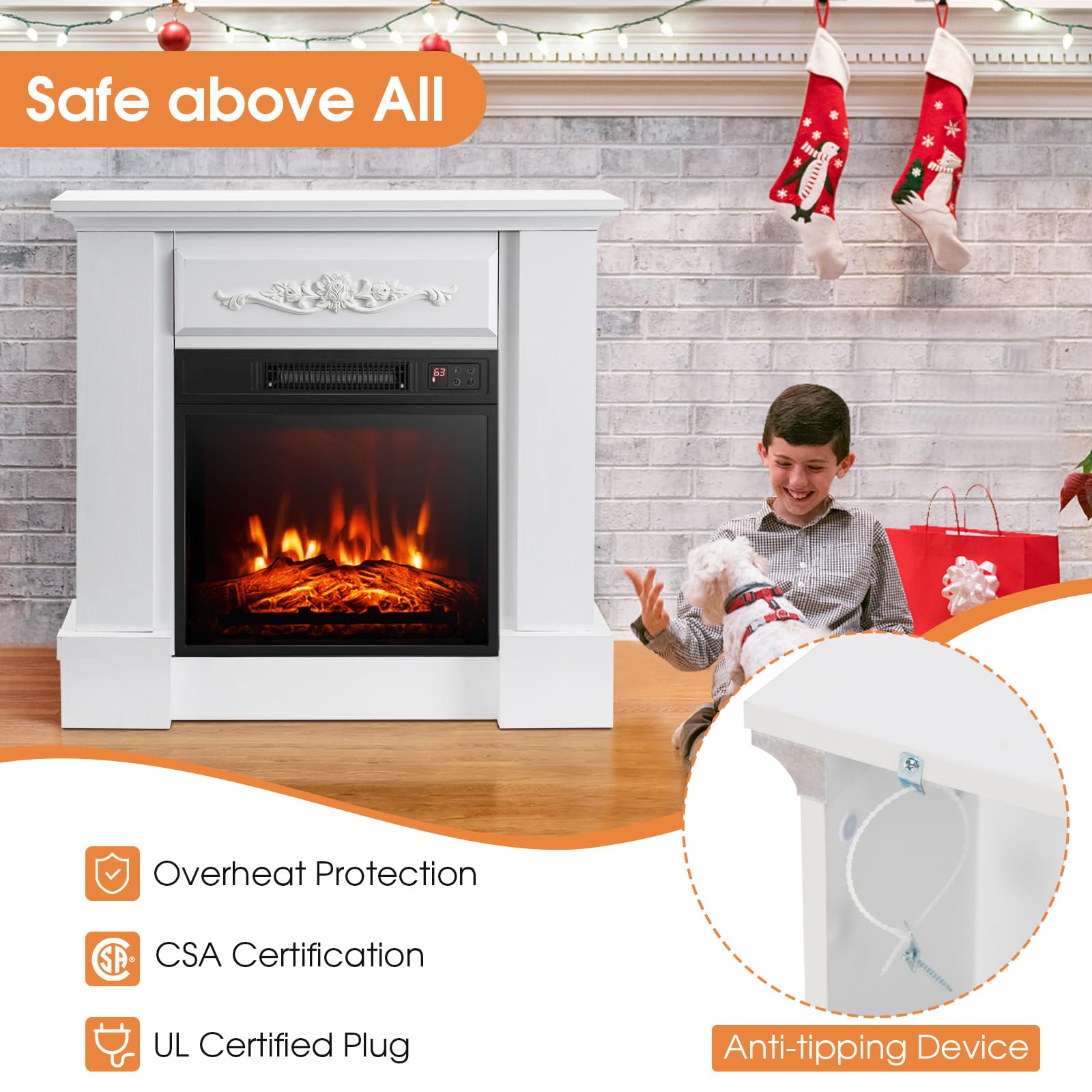 Tangkula 1400W 32 Inches Electric Fireplace with Mantel, Freestanding Fireplace Heater with 3D Flame Effect, Remote Control, Thermostat, 6H Timer, Overheat Protection (White)