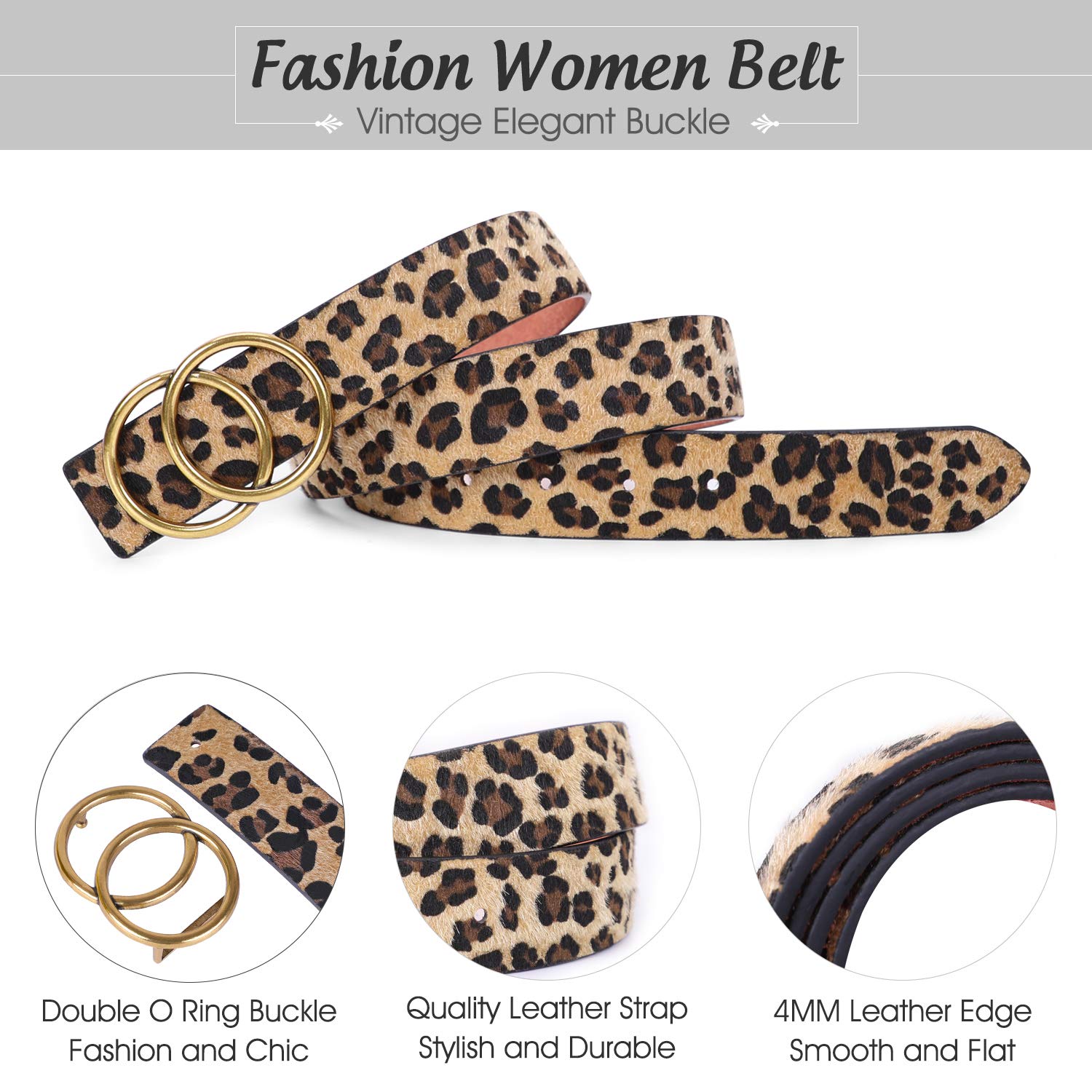 SANSTHS Womens Leopard Belt with Removable Gold Double Ring Buckle for Jeans, XL