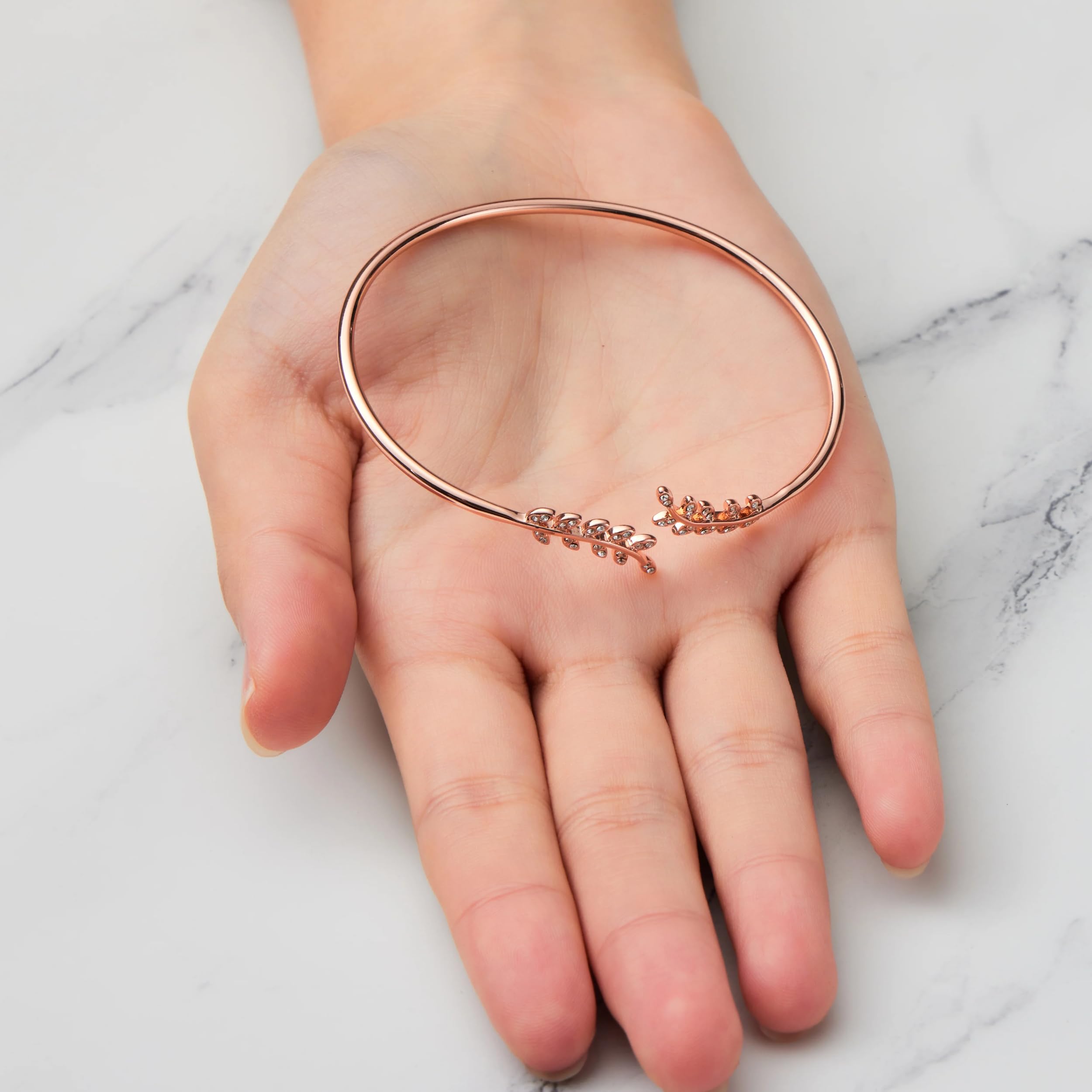 Philip Jones Rose Gold Plated Leaf Bangle Created with Zircondia® Crystals