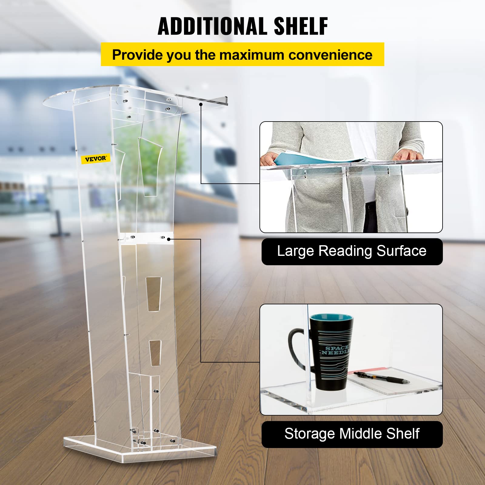 VEVOR Acrylic Podium 47.5" Tall Plexiglass Podium 26.8"x14.3" Table Acrylic Pulpits for Churches 8 mm Thick Acrylic Board Acrylic Podiums and Lecterns Design for Lecture Recital Speech & Presentation