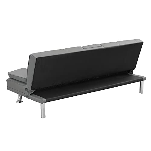 Penifun Convertible Folding Futon Sofa Bed Sleeper Couch for Living Room PU Leather Upholstered Loveseat with Armrest & Two Cup Holders, Solid Wood Frame/Stainless Leg, Gray