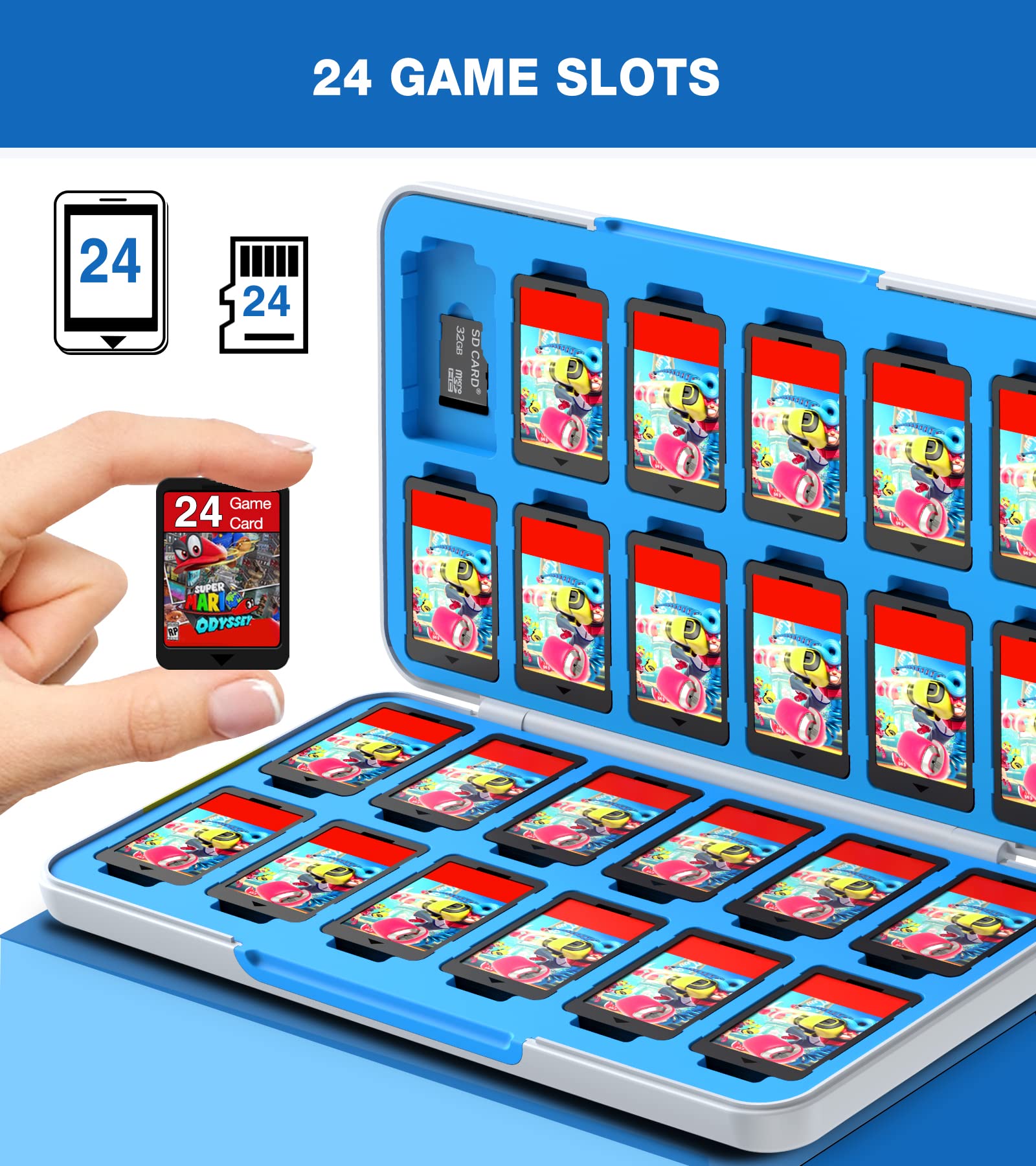 Switch Game Case Holder Compatible with Nintendo Switch Game, Switch Game Card Case Storage for 24 Games Cartridges with Soft Lining, Portable Switch Cartridge Game Case with Magnetic Closure - Blue