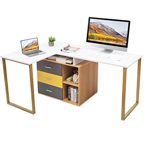 Tangkula 87 inch 2-Person Desk with 3 Storage Drawers & Shelves, Large Computer Desk, Multifunctional L-Shaped Desk Writing Desk Computer Workstation with Spacious Desktop, Home Office Desk