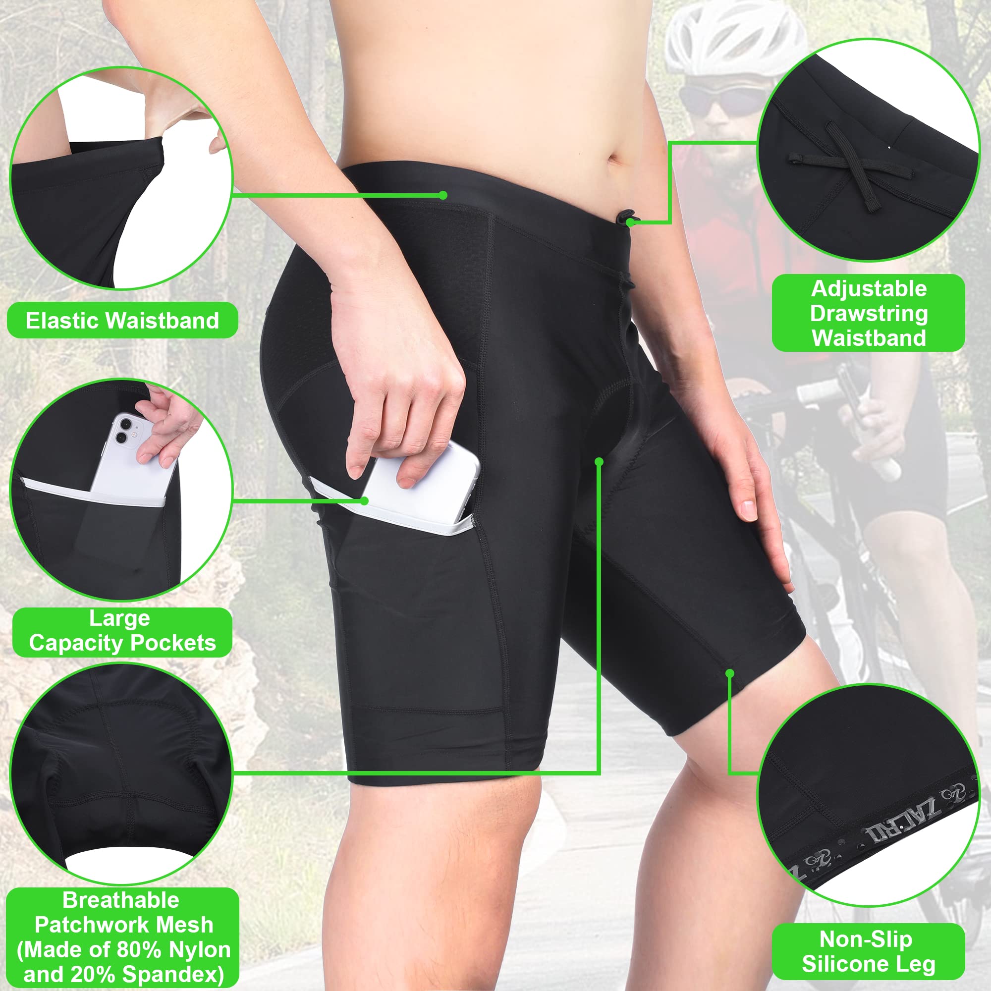 Zacro Men's Cycling Shorts, Cycling Half Pants, Padded Bike Shorts for Men Black