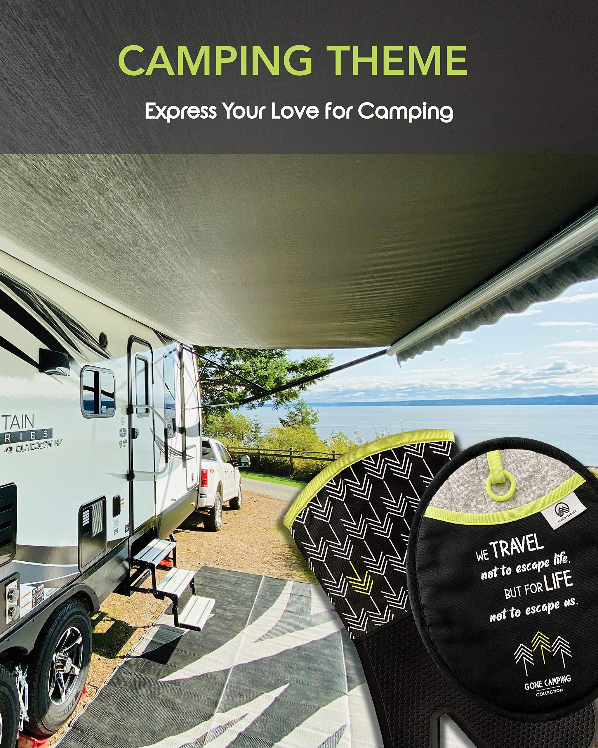 Trailersphere Silicone Oven Mitt and Pot Holder Set, Gone Camping Collection, Non-Slip Grip, Heat Resistant with Hanging Loops, Perfect for RV Kitchens and Camping, Modern and Inspirational Design