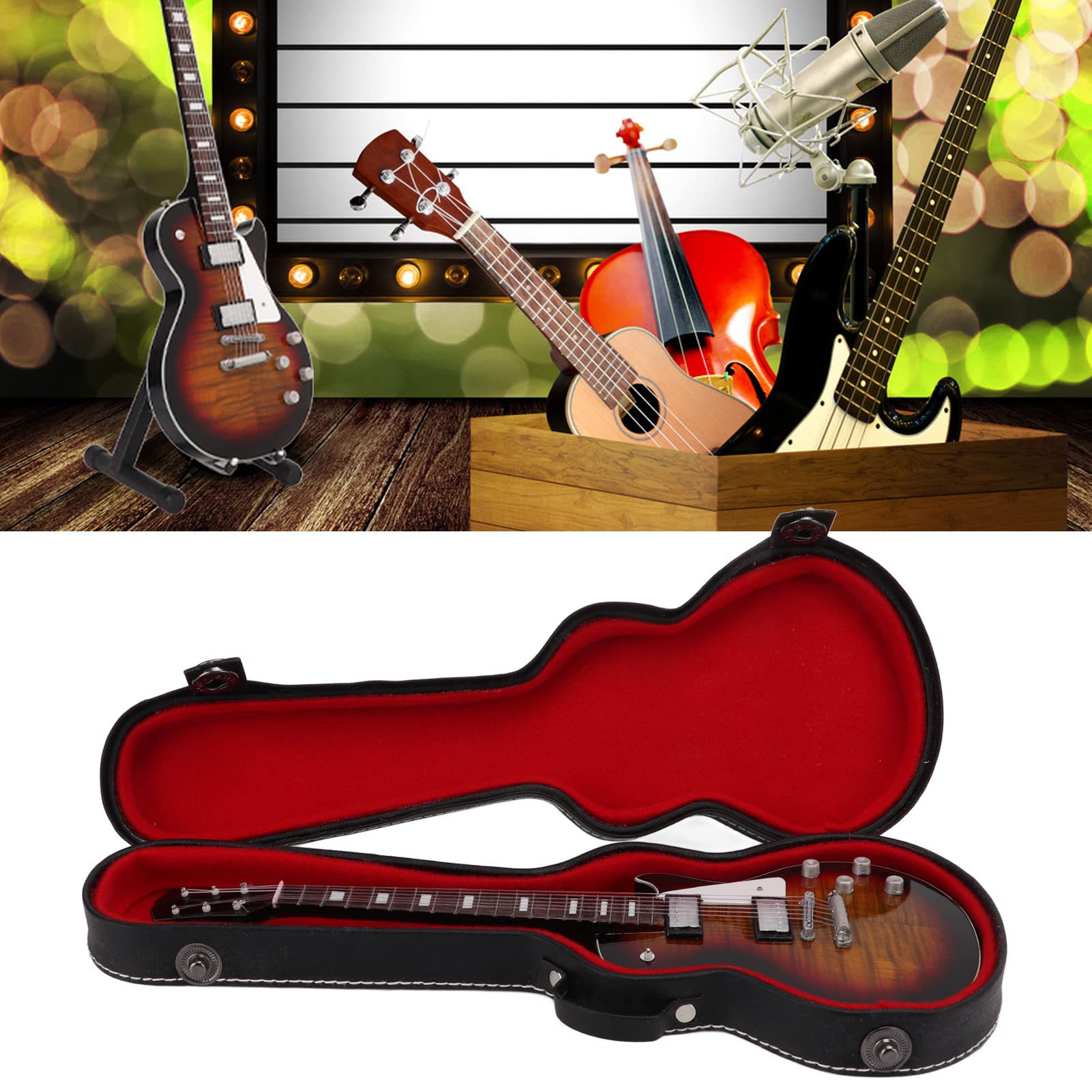 Wooden Miniature Electric Guitar with Stand and Case, Mini Musical Instrument Miniature Dollhouse Model, Exquisite and Compact, Mini Guitar Model for Home Decoration