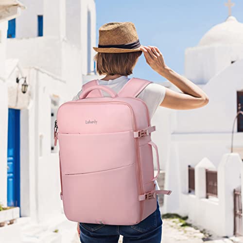 Travel Backpack for Men Women 17 Inch Flight Approved Carry on Backpack Waterproof Large 40L Luggage Daypack Business College Weekender Overnight Laptop Backpack with 3 Packing Cubes, Pink