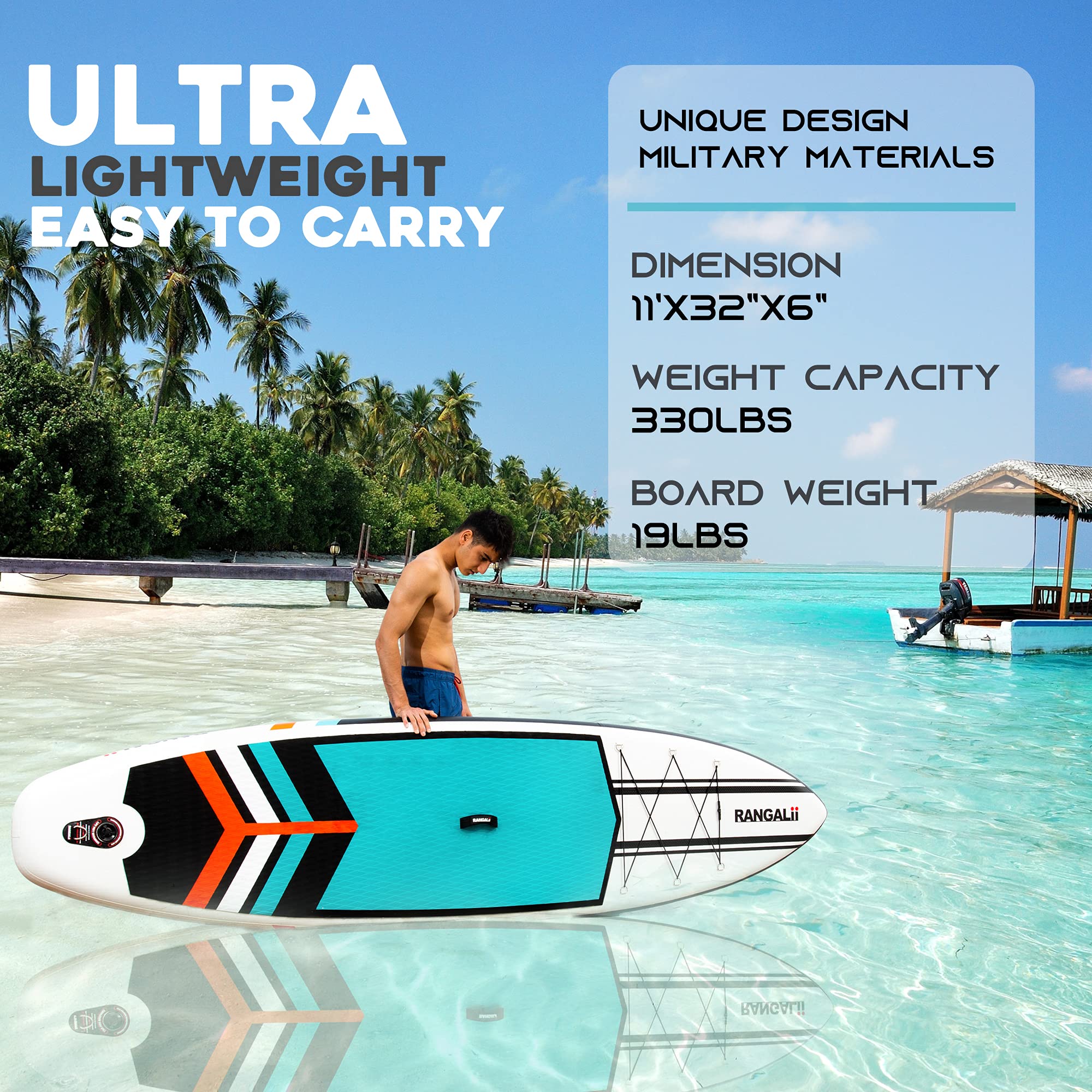 RANGALii 11' Foot Inflatable SUP Stand Up Paddle Board(32" Wide, 6" Thick) Durable with Adjustable Paddle, Backpack, Pump and Leash (Lake Blue)