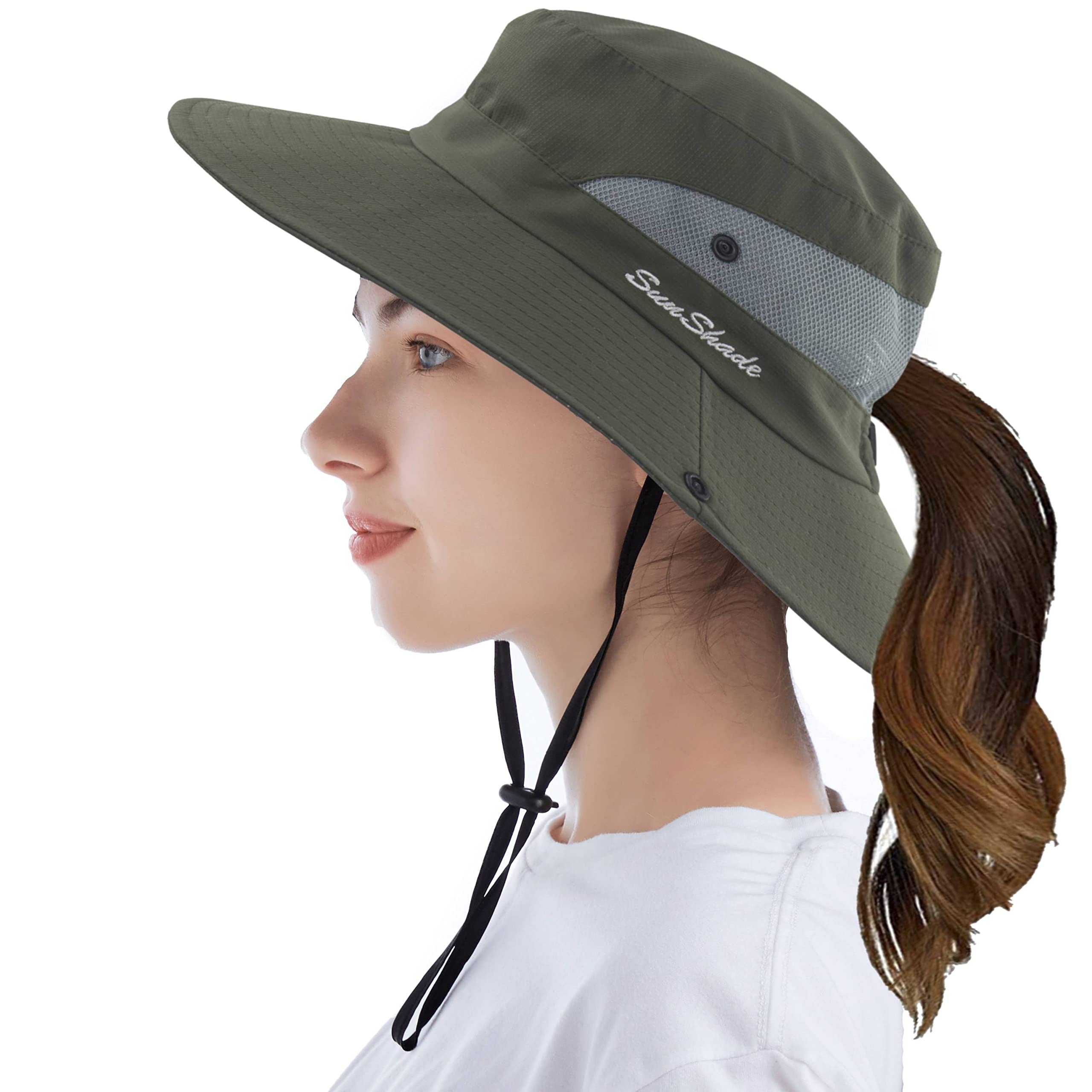 Tutuko Womens Wide Brim Sun Hats Foldable UV Protection Beach Bucket Hats Ponytail Mesh Fishing Hat (Pink)