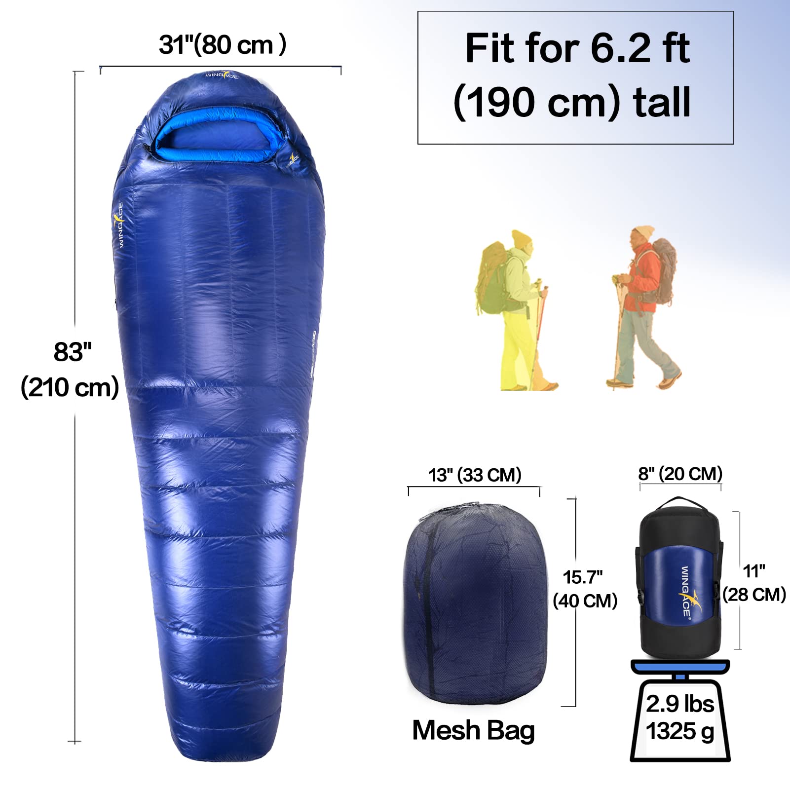 WINGACE Mummy Sleeping Bag 20 Degree F, 750FP 95% Down, Backpacking & Camping, Adults Cold Weather Lightweight Warm Compact Sleeping Bags (23F & 15F, 83 in, Dark Blue)