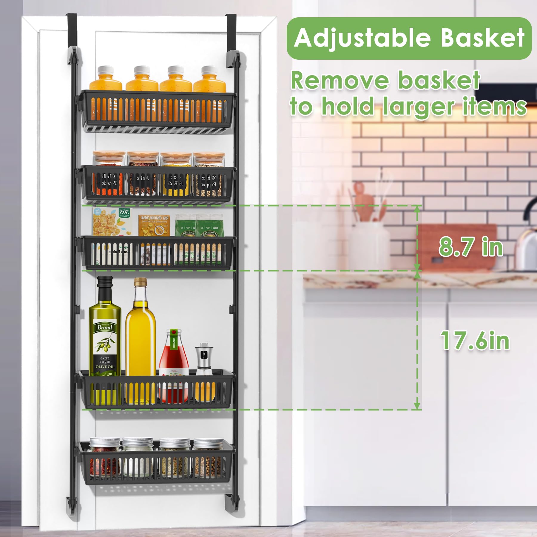 Pantry Door Organizer, Over the Door Pantry Organizer with 6-Tier Adjustable Baskets, Heavy-Duty Metal Wall Mounted Over the Door Spice Rack for Bathroom, Bedroom, Kitchen Organizers and Storage