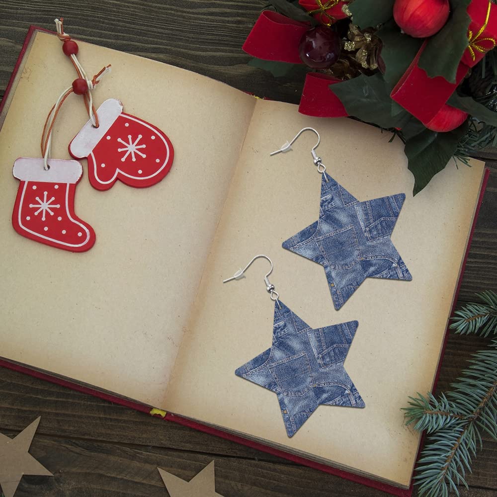 Swono Denim Patchwork Pattern Leather Earrings Indigo Irregular Patchy Wrinkle Jeans Star Faux Leather Earring Lightweight Dangle Drop Earrings for Women Girls