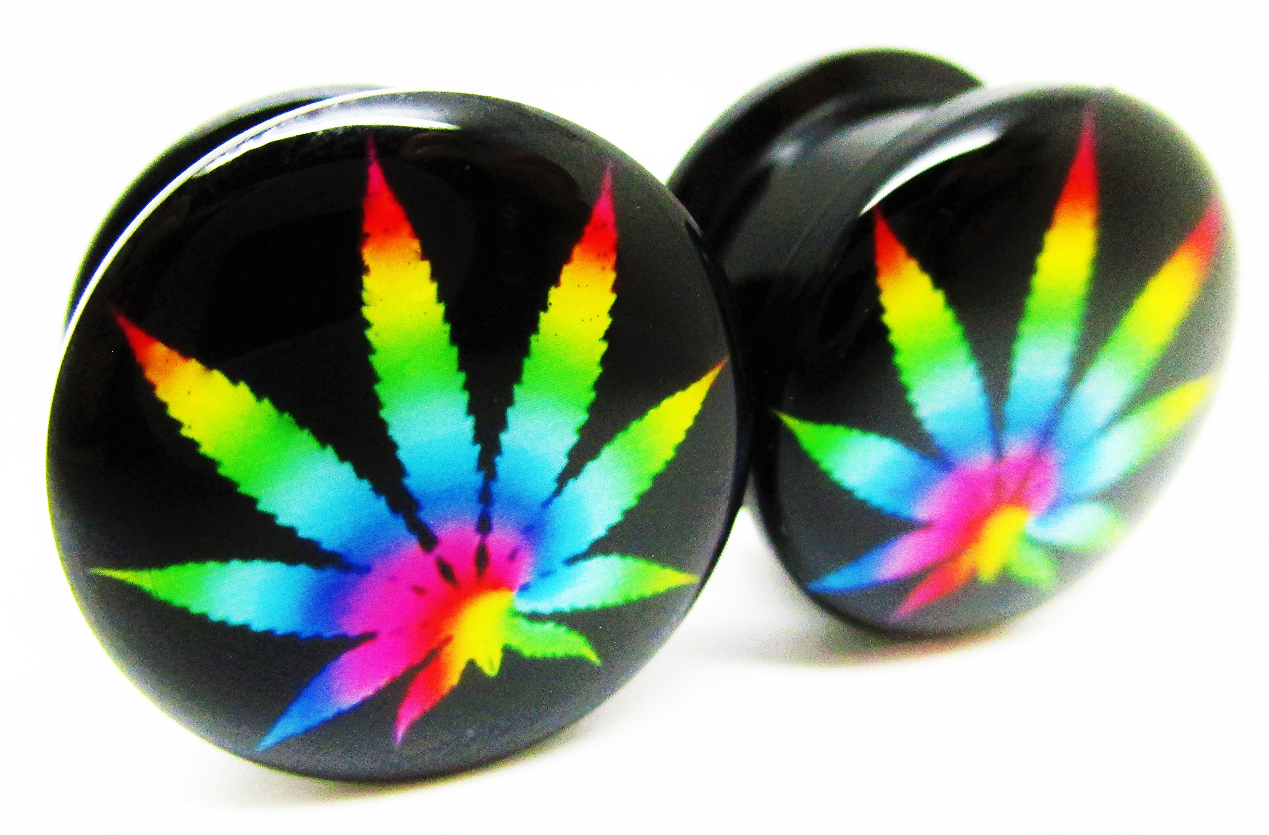 Pierced Republic Tie-Dye Pot Leaf Marijuana Ear Plugs - Acrylic Screw-On - New - 8 Sizes - Pair (0 Gauge (8mm))