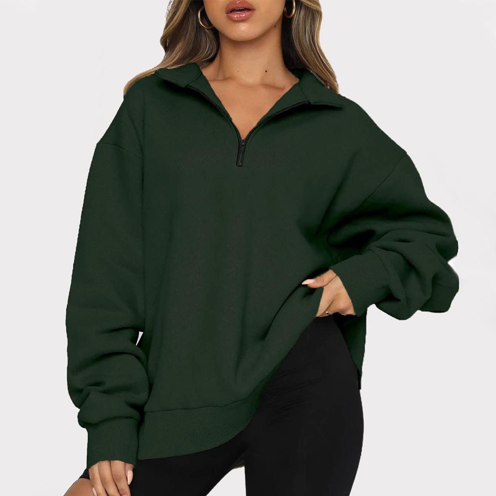 Wirziis Womens Oversized Sweatshirt Long Sleeve Solid Pullover Quarter Zip Sweater Top Teen Girls Christmas Fall Y2K Clothes, A03_green, 3X-Large