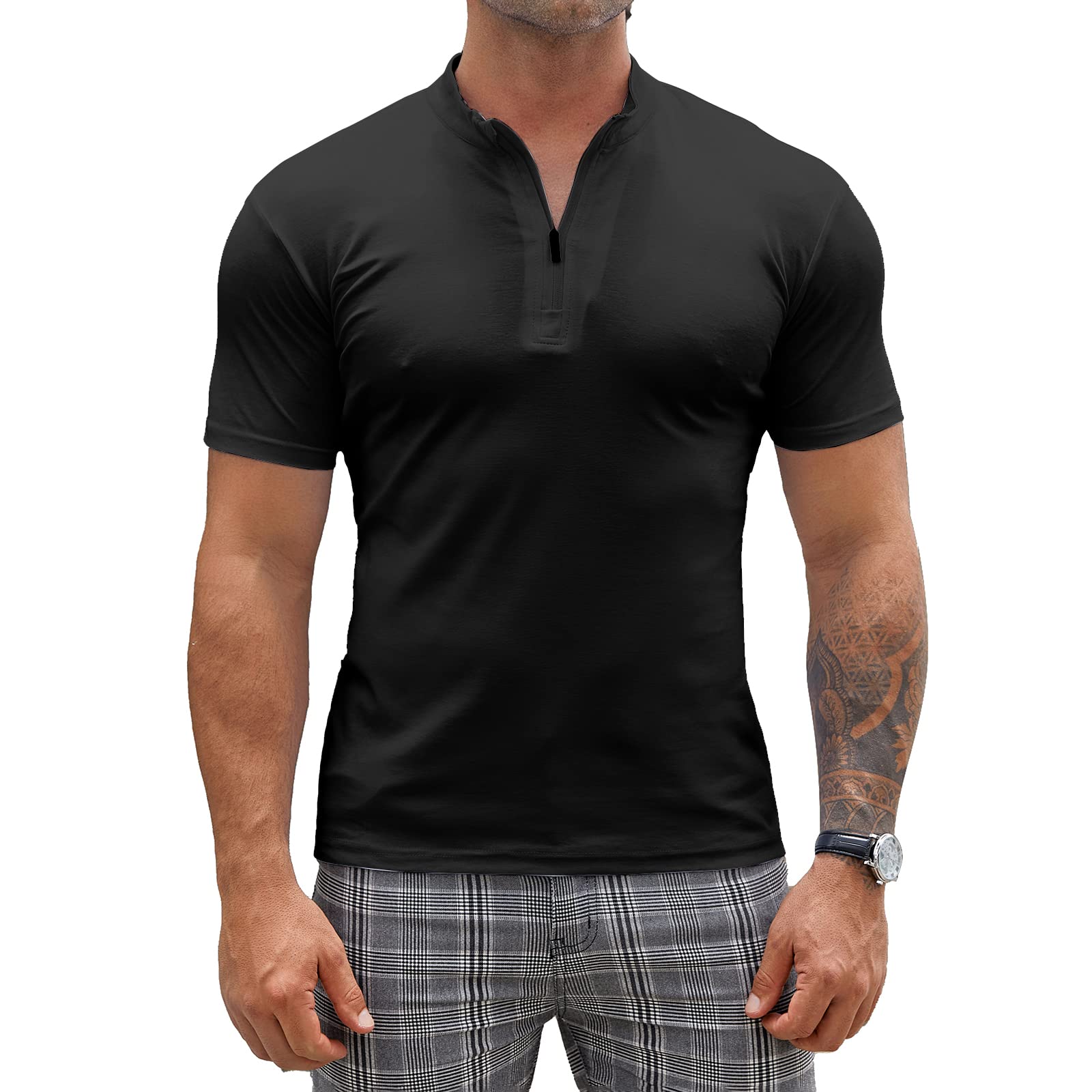 ZARWING Men's Polo Shirts Short Sleeve Slim Fit Mock Neck Casual Zip T-Shirts(Black06,Large)