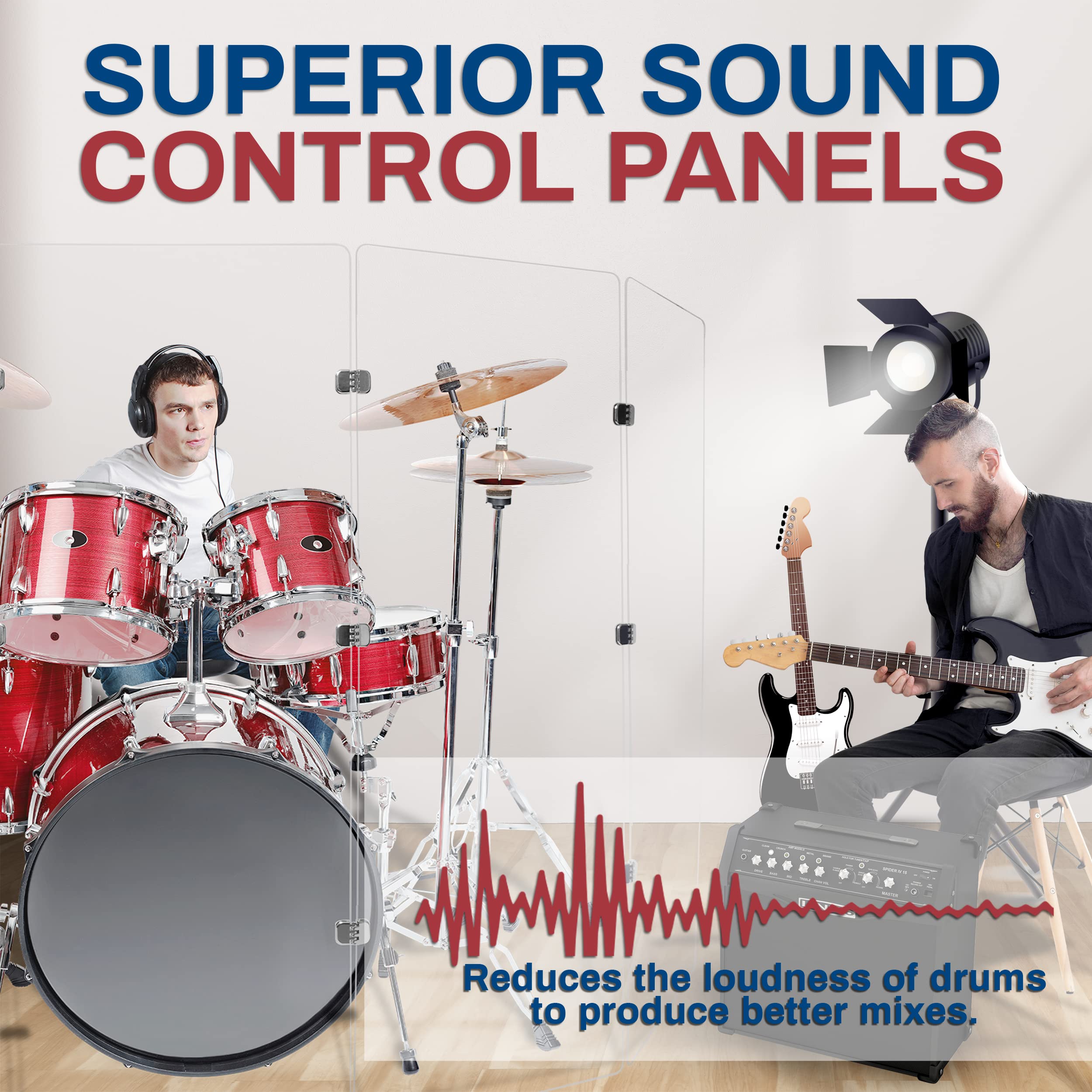 PENNZONI Drum Shield 5ft w/Chrome Hinges, Comes w/ 6 Drum Panels, & Chrome Hinges, Premium Clear Acrylic Panels, Drum Screen