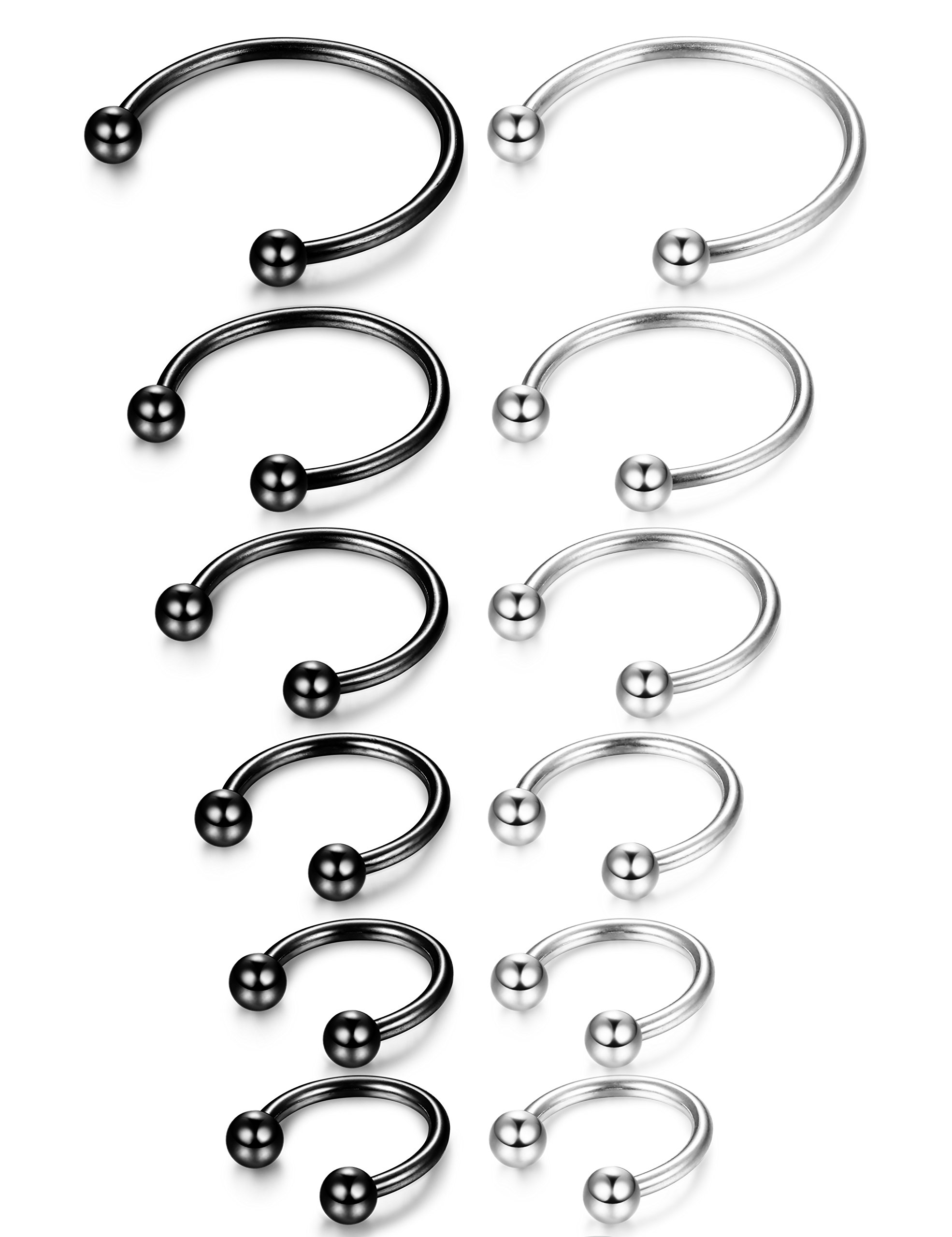 ORAZIO 12Pcs 14-16G Stainless Steel Nose Rings Septum Piercing Cartilage Horseshoe Earring Body Piercing 6MM-16MM Black And Silver Tone
