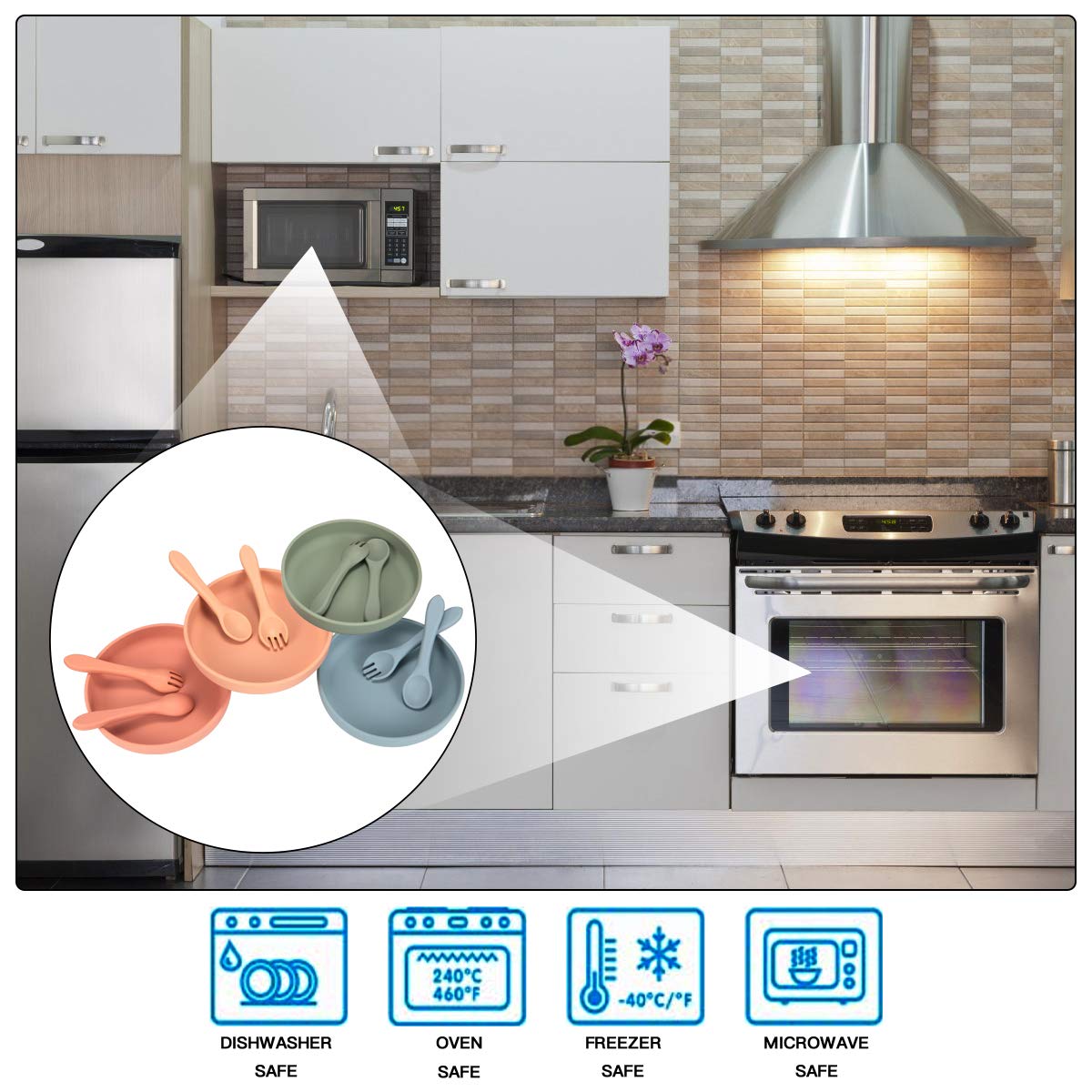 TOPGOMES Silicone Suction Plate, Comes with Soft Spoon Fork | Stay Put Baby Feeding Dishes for Kids and Infants | BPA Free, 100% Food-Grade Silicone, Non-Slip Design (Ether)