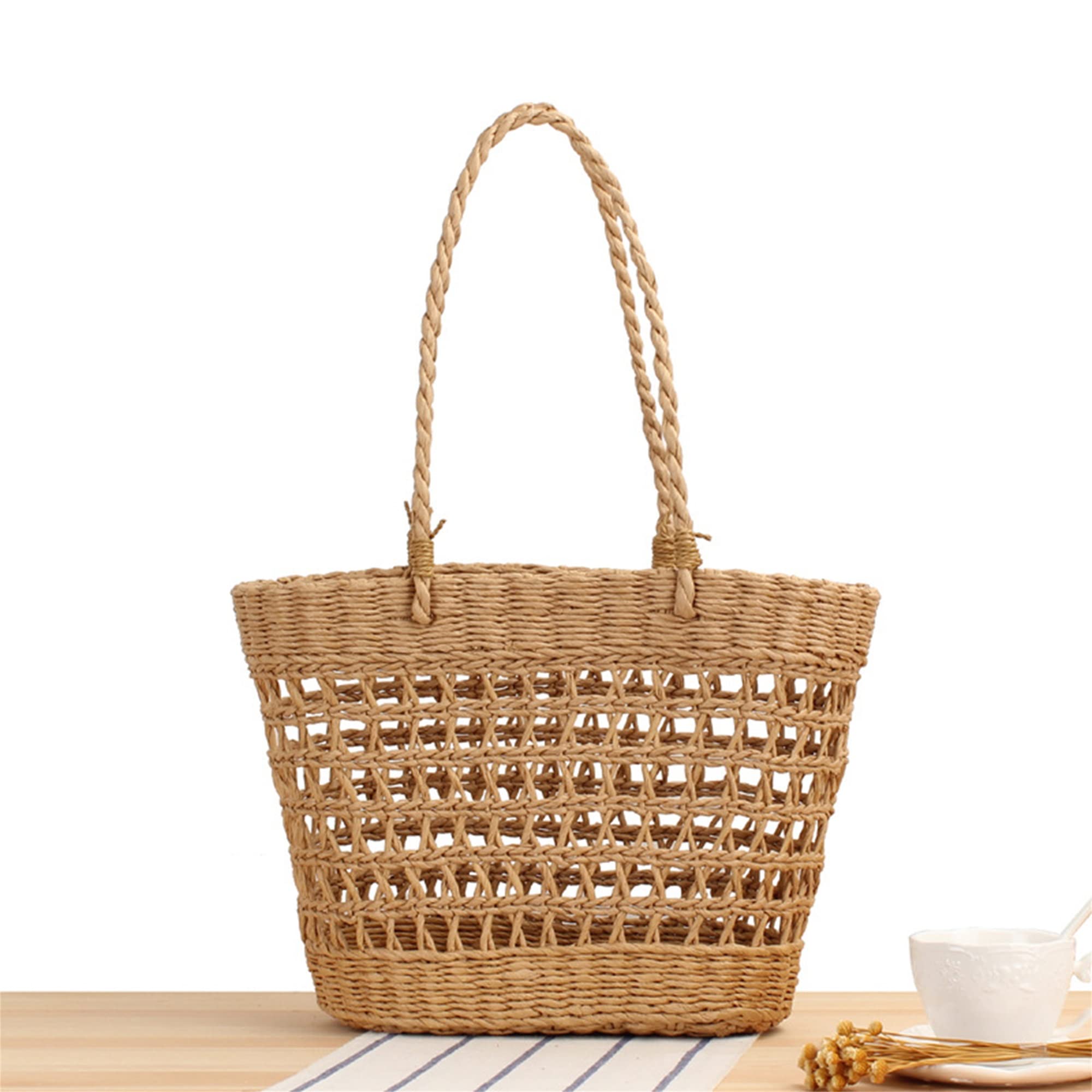Women Beach Tote Bag, Plain Woven Hollow-Out Straw Beach Crochet Tote Bag Purse Straw Handbag (Camel, One Size)