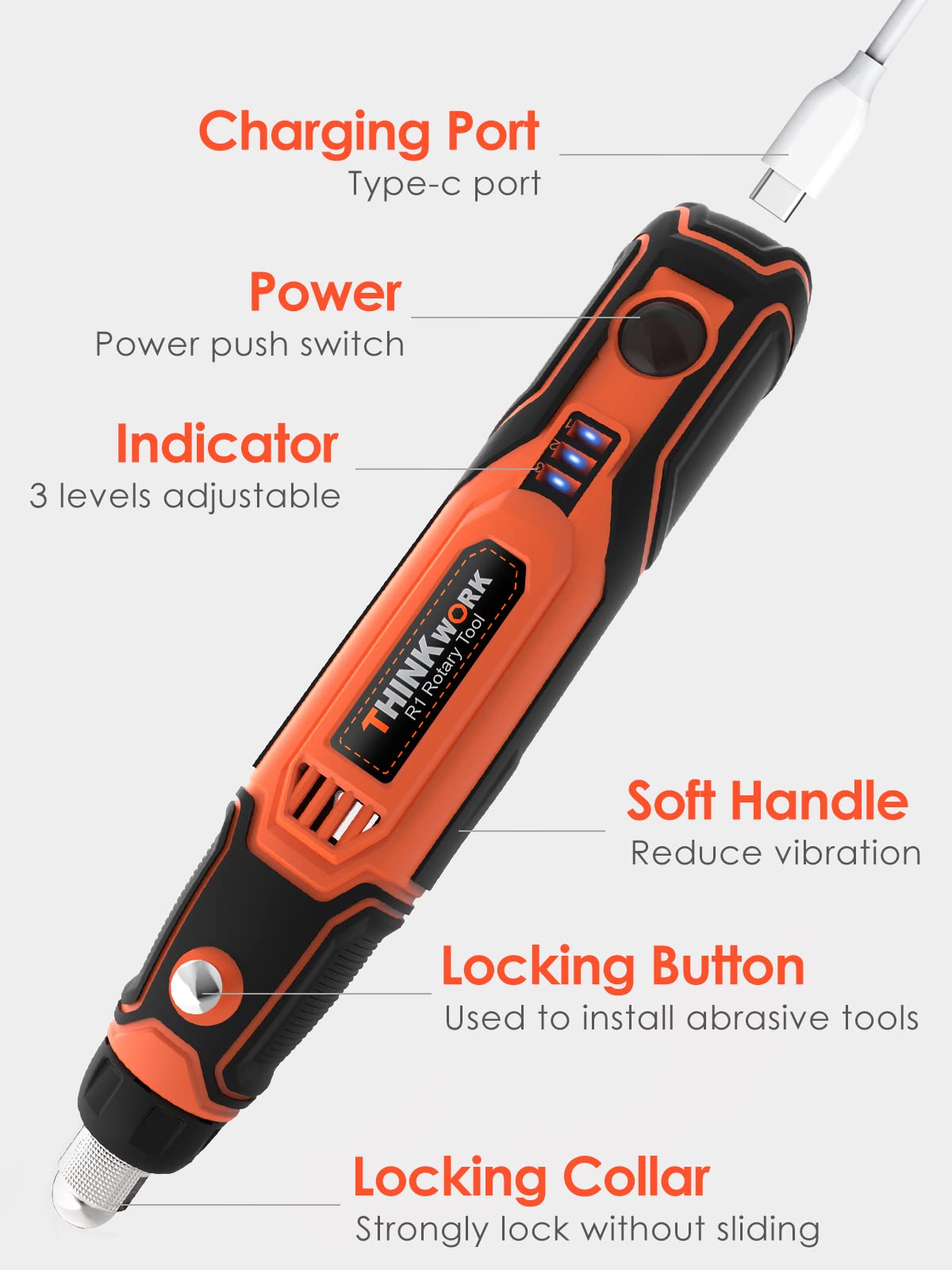 THINKWORK Cordless Rotary Tool Kit, 3-Speed Power Rotary Tools with Pet Nail Grinder Tips & 57 Accessories, High Capacity 3.7V Li-ion Battery, USB C Charging, for Sanding,Polishing,Drilling,Diy Crafts