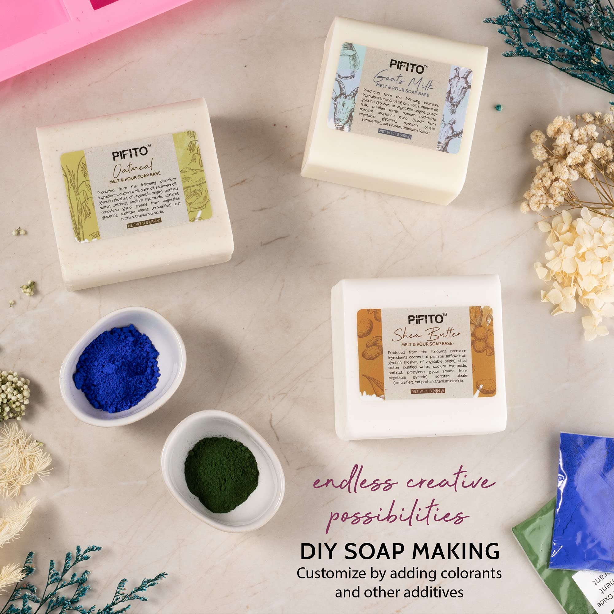 Pifito Soap Making Kit β DIY Soap Making Supplies - 3 lbs Melt and Pour Soap Base (Shea Butter, Goats Milk, Oatmeal), 8-Pack Oxide Pigment Colorants Sampler, Mold and Instructions