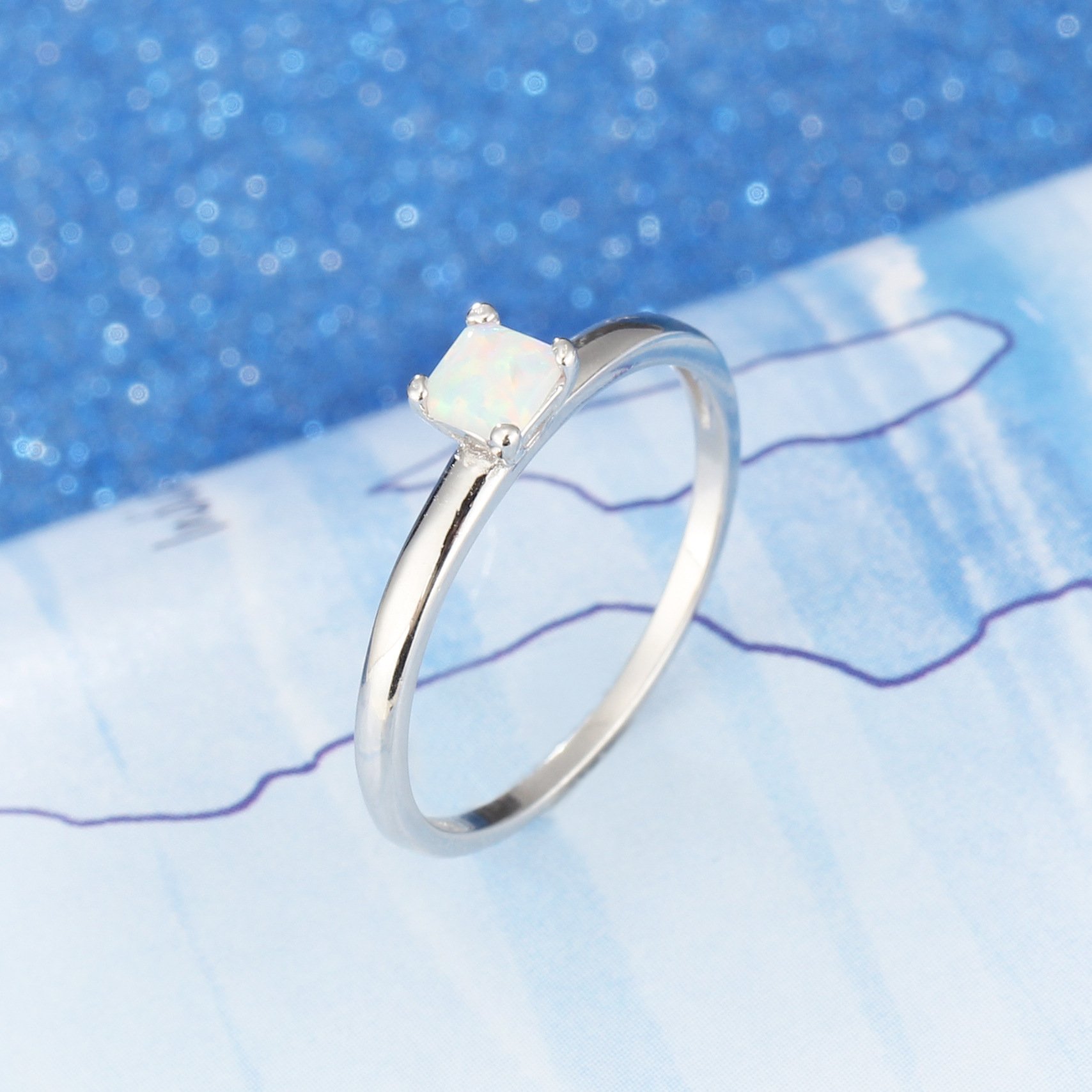 SILBERTALE Opal Ring 925 Sterling Silver Small Birthstone Princess Cut Opal Solitaire Promise Engagement Ring Women Stacking Wedding Band Size 7