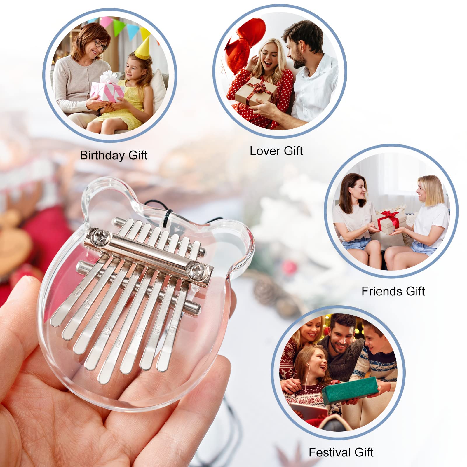 VIVP 8 Keys Mini Kalimba Thumb Piano Crystal Clear Acrylic Finger Piano Portable Marimba Musical Handmade Instruments Professional Mbira with Lanyard Chain Good Accessory Pendant Gift Easy to Learn