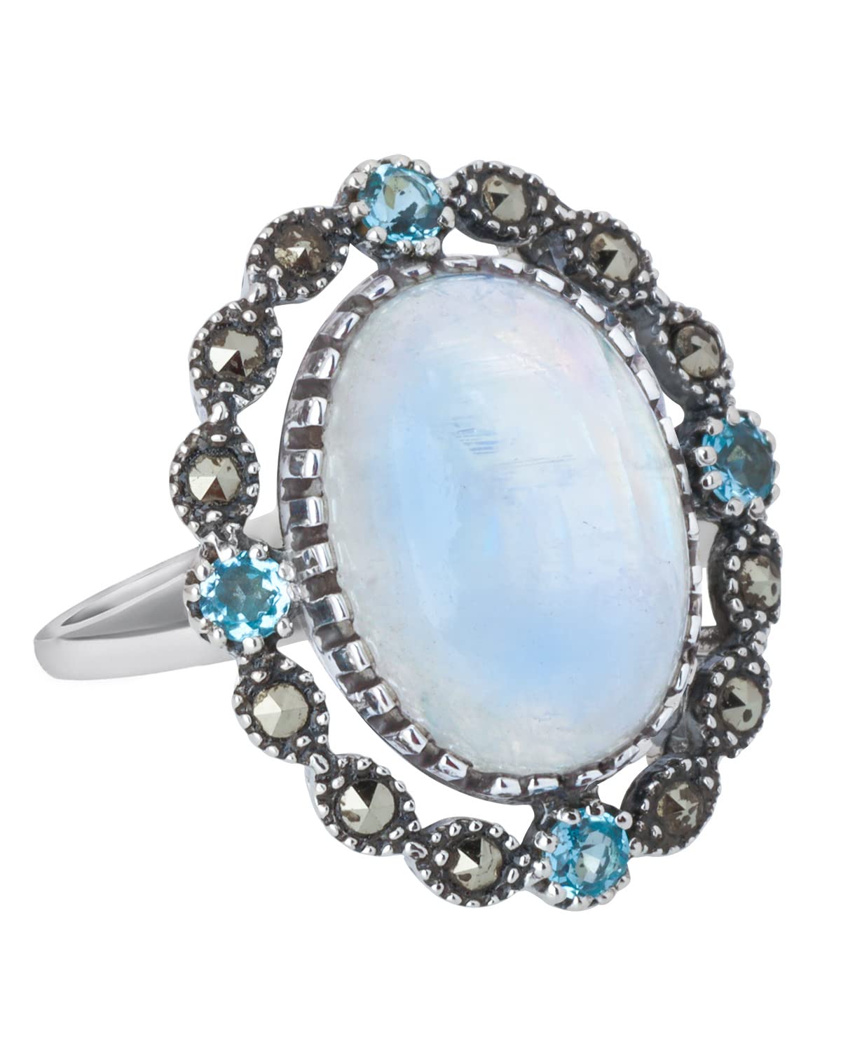 YoTreasure Moonstone Swiss Blue Topaz Marcasite 925 Sterling Silver Bold Ring Jewelry