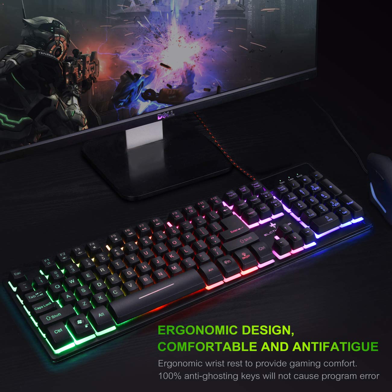 RGB Gaming Keyboard USB Wired Gaming Keyboard with Dedicated Media Controls, Multiple Color Rainbow LED Backlit, Spill-Resistant and Durable Design for Desktop, Laptop