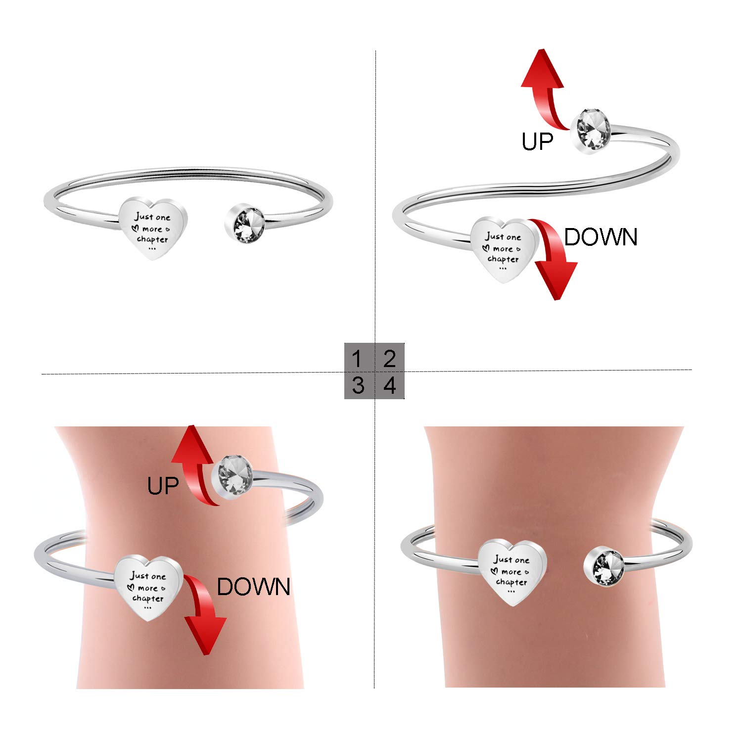 PLITI Bookworm Gift Just One More Chapter Open Cuff Bangle Book Lover Reader Librarian Teacher Jewelry Gift (Just One More Chapter Bracelet)