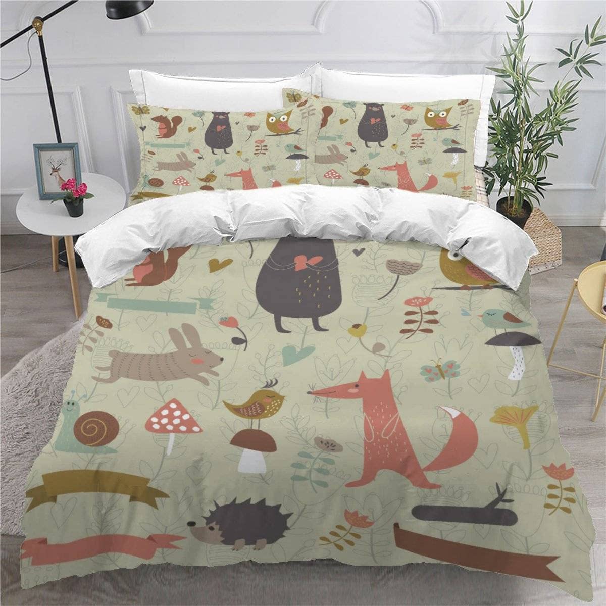 Quilt Cover Twin Size Cartoon Animals 3D Bedding Sets Forest Animals Duvet Cover Breathable Hypoallergenic Stain Wrinkle Resistant Microfiber with Zipper Closure,beding Set with 2 Pillowcase
