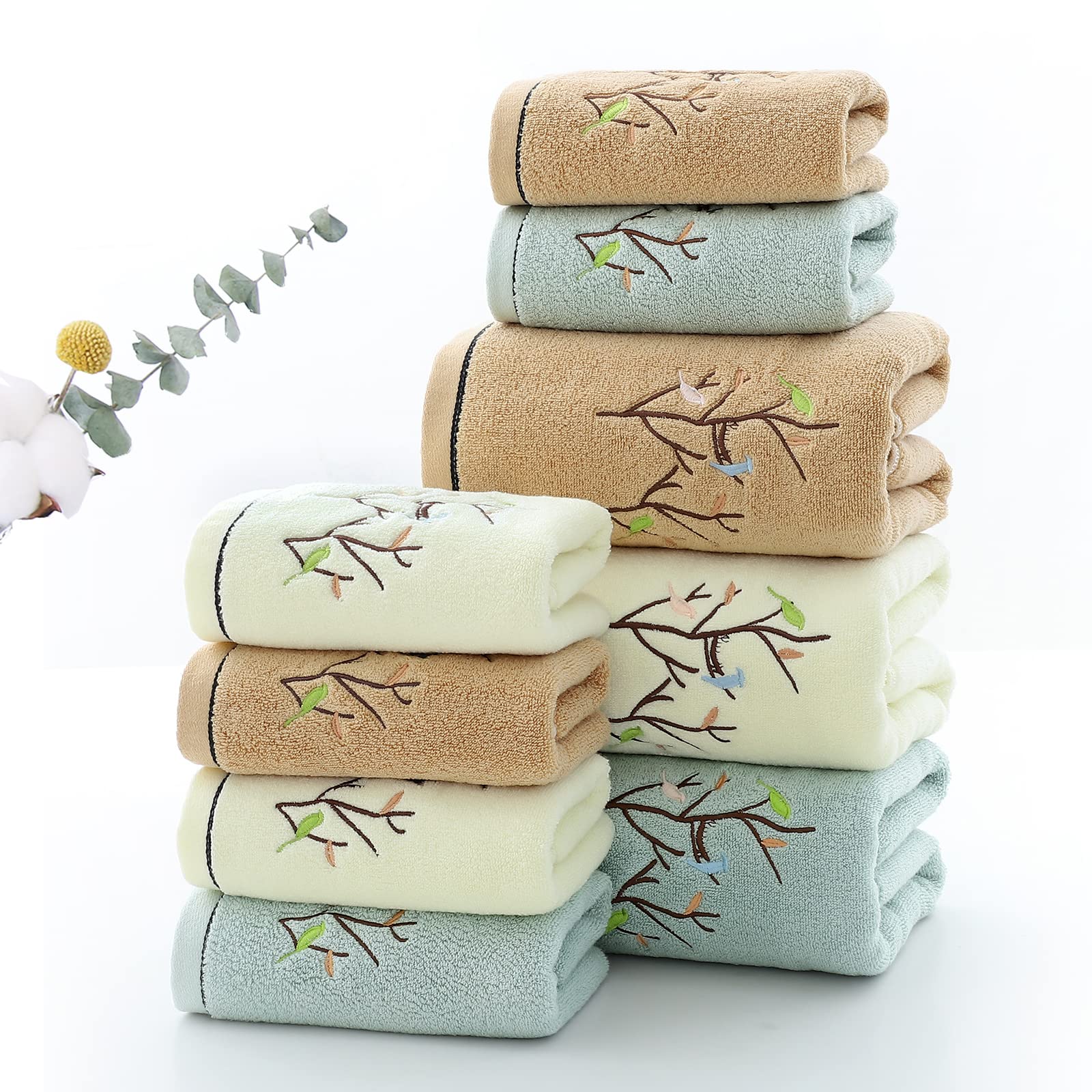 Pidada Hand Towels Set of 2 Embroidered Bird Tree Pattern 100% Cotton Absorbent Soft Decorative Towel for Bathroom (Brown)
