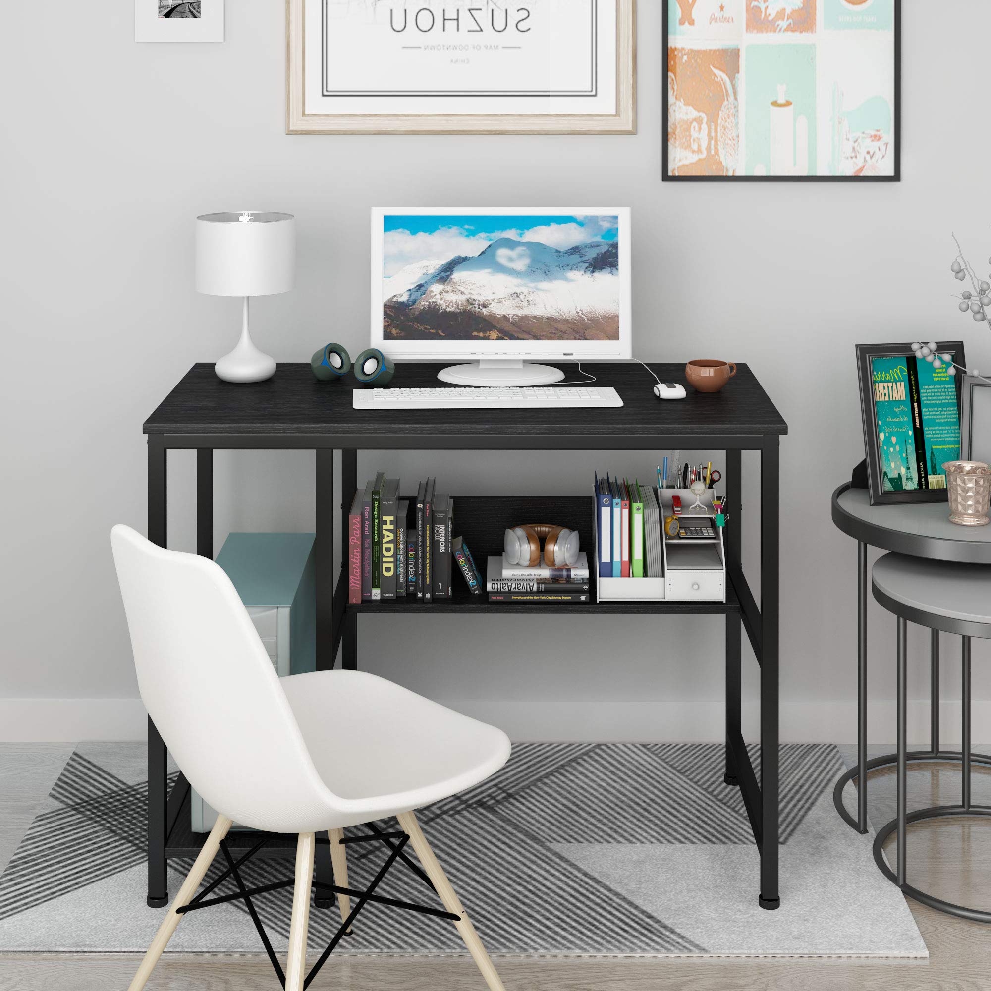 Ruitta Writing Computer Desk with Shelves, Sturdy Home Office Desk, Writing Desk Study Desk for Small Spaces, Easy Assemble, Stable Metal Frame (39", Black)