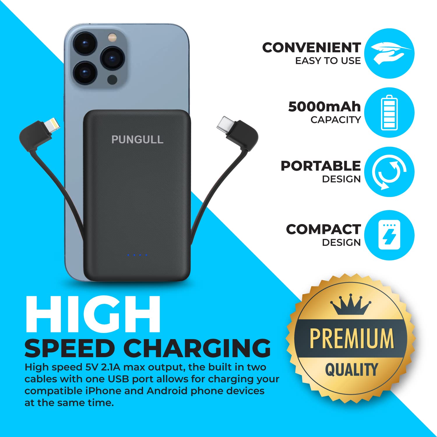 Slim Portable Charger 5000mAh - Compact Mini Small Power Bank Built-in Cable Cute Mobile Cell Phone External Battery Pack 5V 2.1A USB-C Compatible with iPhones 6/7/8/X/XS/XR/11/12/13/14 Airpods
