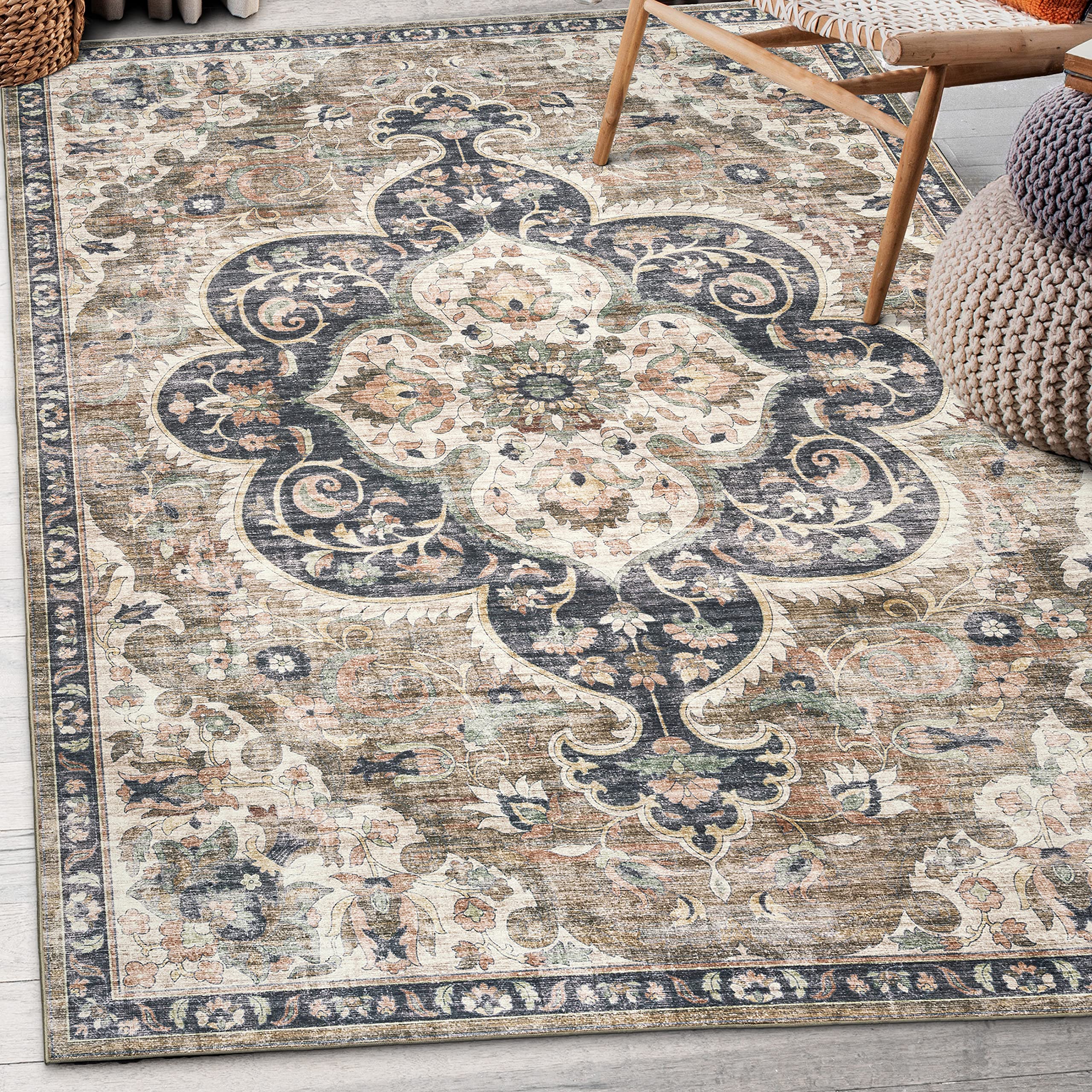 ReaLife Machine Washable Area Rug Runner - Living Room Bedroom Bathroom Kitchen Entryway Office - Non Slip Low Pile Stain Resistant Premium - Boho Farmhouse Vintage - Joy - Brown Beige 2'6" x 6'