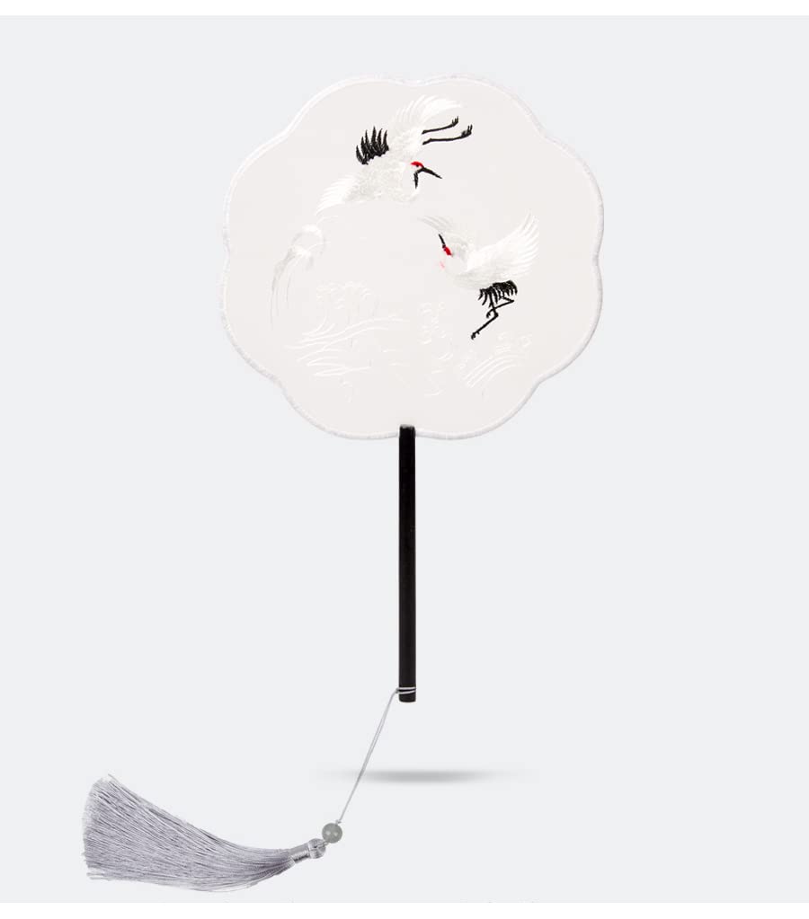 YUELAI Chinese Fan Embroidery Hand Circular Fan, China Ancient Dance Translucent Silk Round Fan Elegant Crane