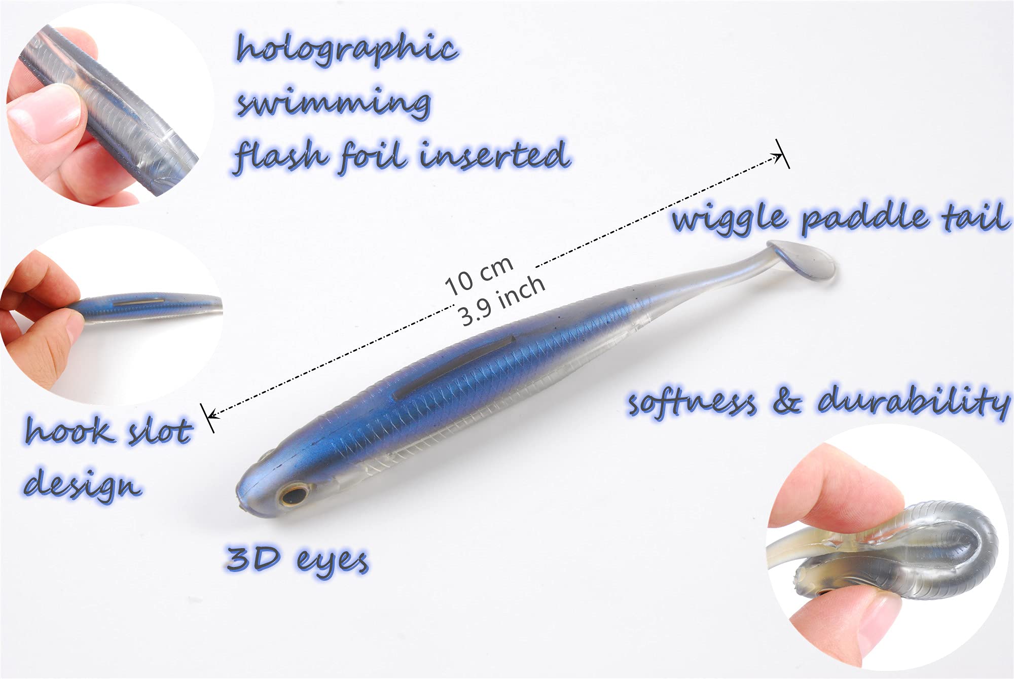 Papa.Jiang Soft Fishing Lure, Artificial Lure Swimbaits, Wiggle Paddle Tail, Multiple Color Available, Saltwater/Freshwater (Cyan Blue, 3.9'')