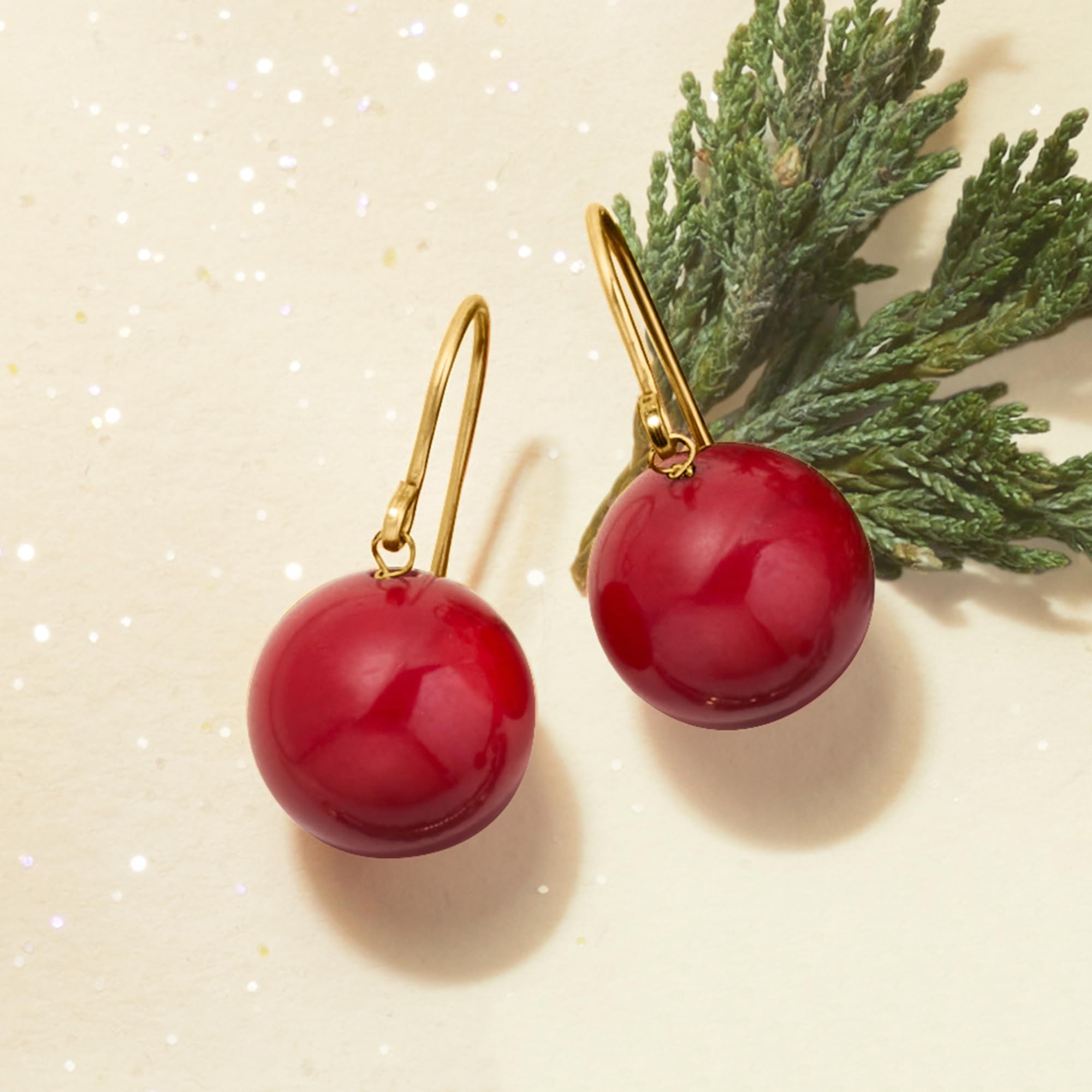 Ross-Simons 12mm Red Coral Bead Drop Earrings in 14kt Yellow Gold